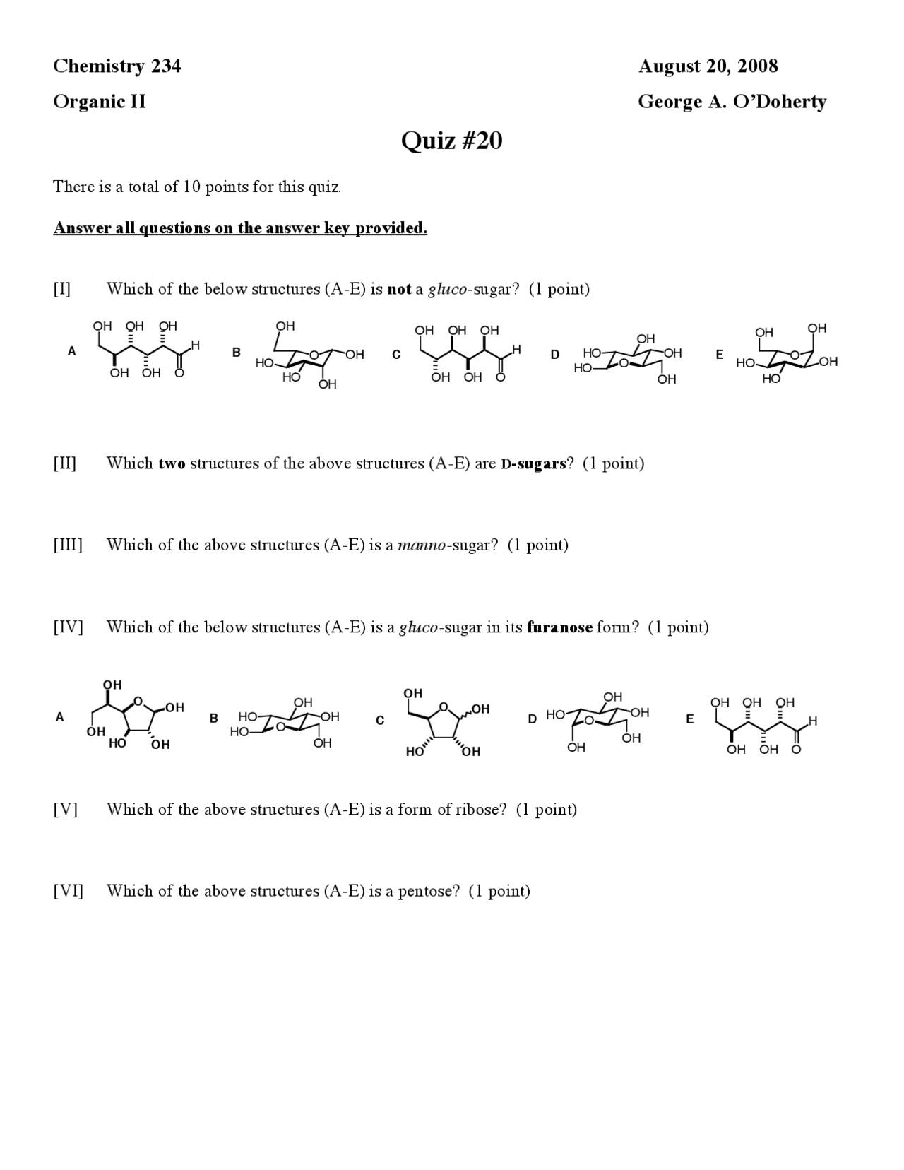 Practice Problems for Quiz #20 - Organic Chemistry | CHEM 234 - Docsity