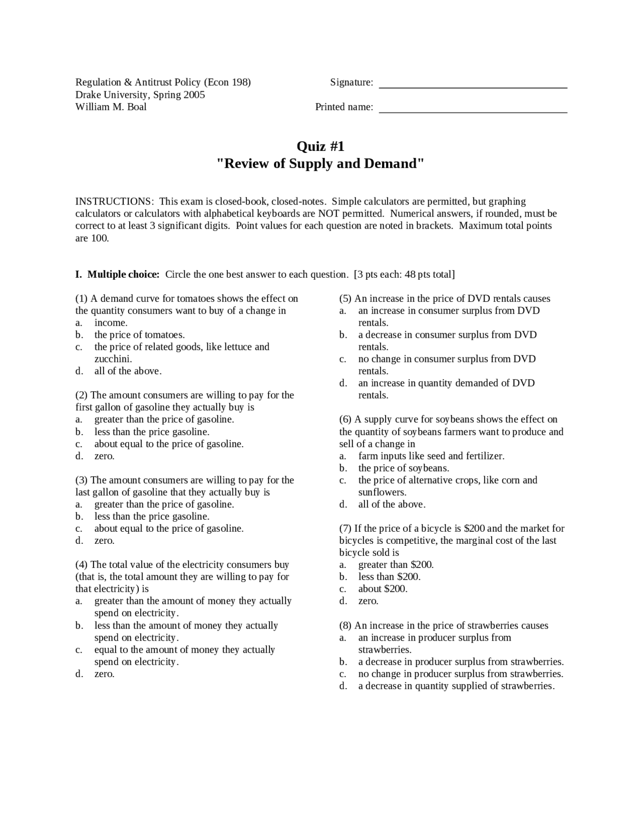 Review Of Supply And Demand Practice Quiz 1 Econ 198 Docsity