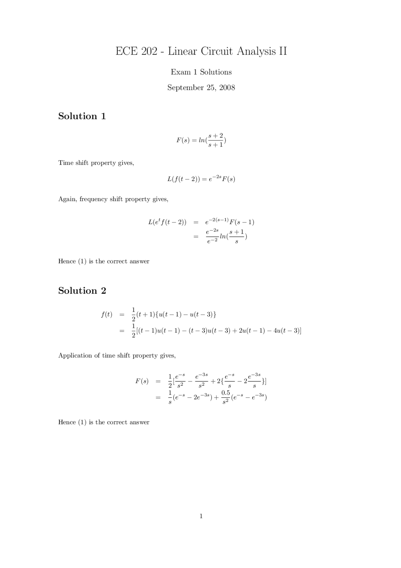 Answers Exam1 Linear Circuit Analysis Ii Ece 20200 Docsity