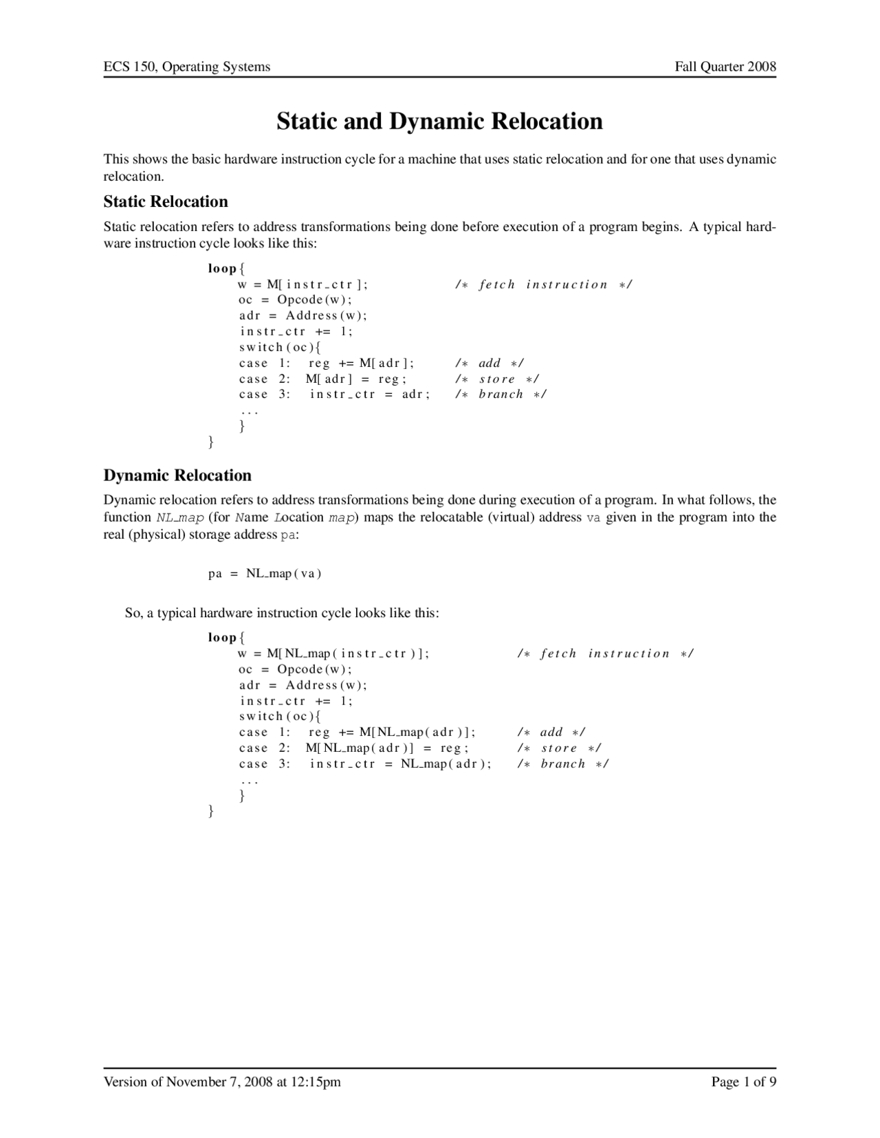 Static And Dynamic Relocation Operating Systems Ecs 150 Docsity