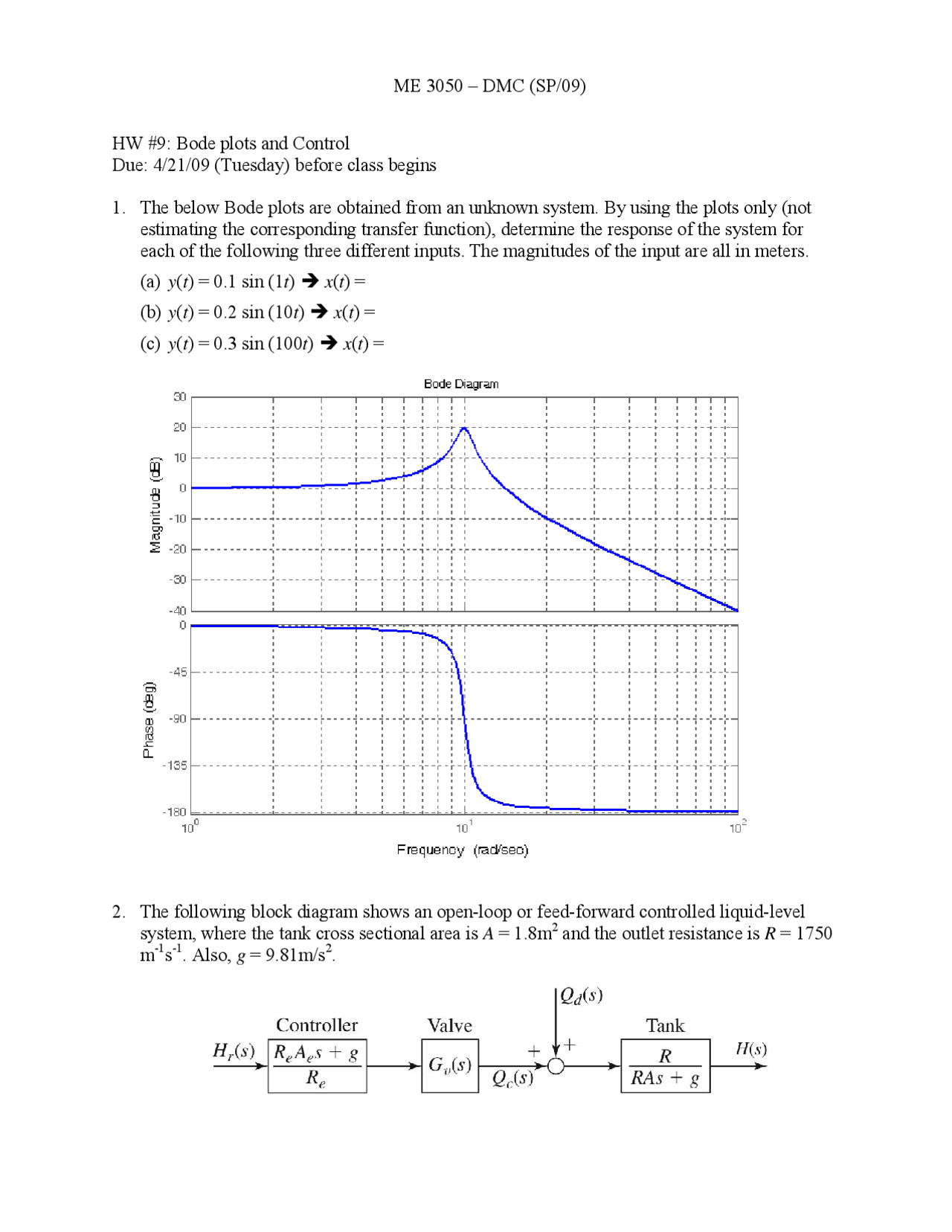 Bode Plots And Control Homework 9 Problems Me 3050 Docsity