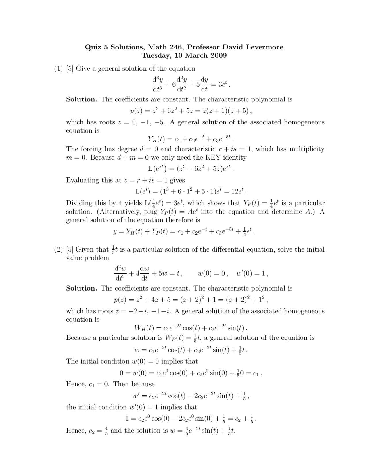 Quiz 5 Differential Equation For Science Math 246 Docsity