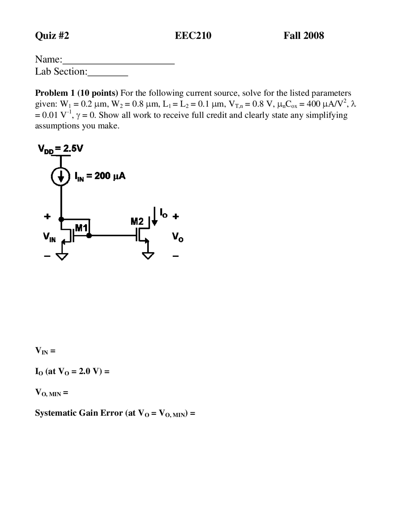 Solved Quiz 2 For Mos Analog Circuit Design Eec 210 Docsity