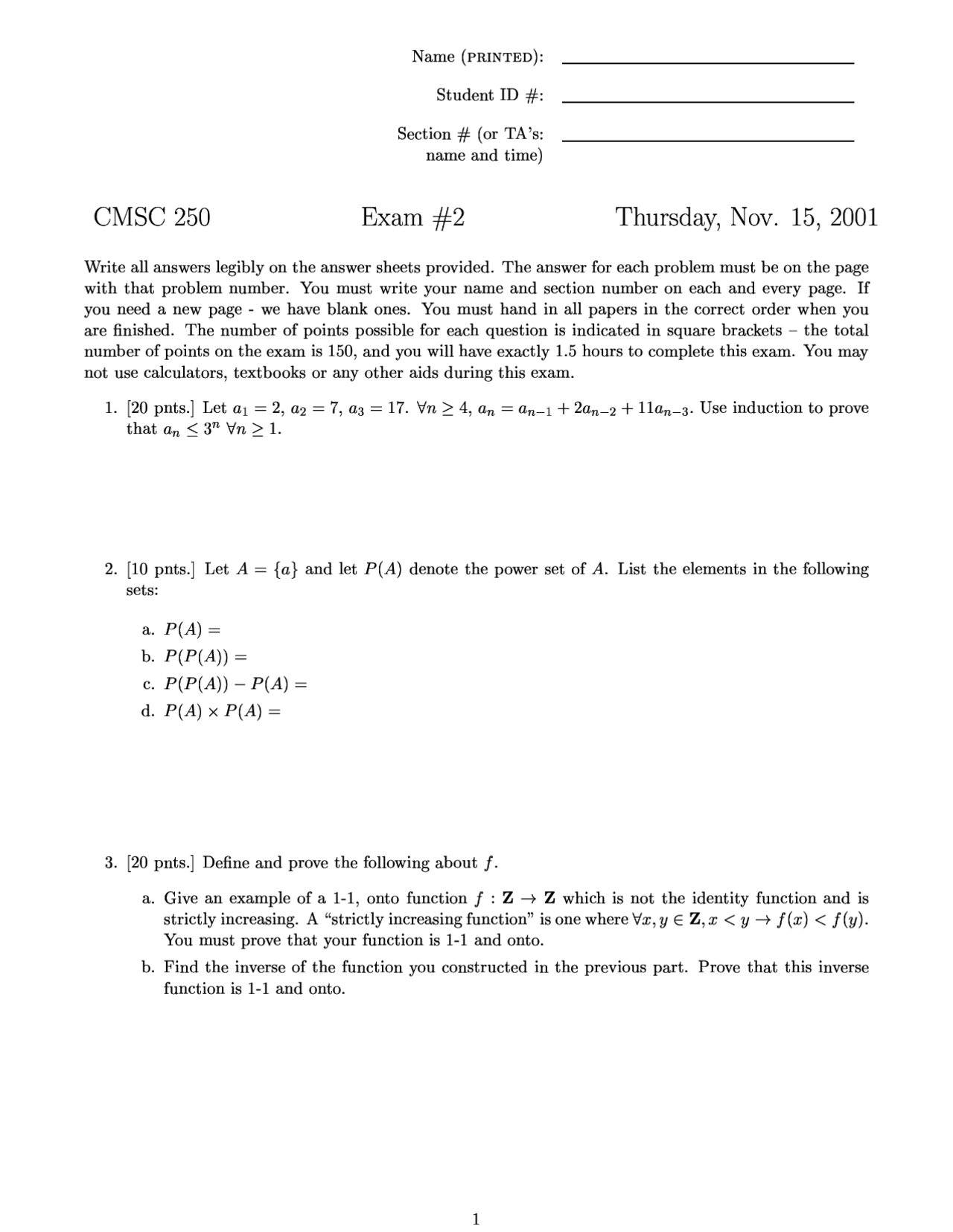 Exam 2 with 8 Questions - Discrete Structures | CMSC 250 - Docsity