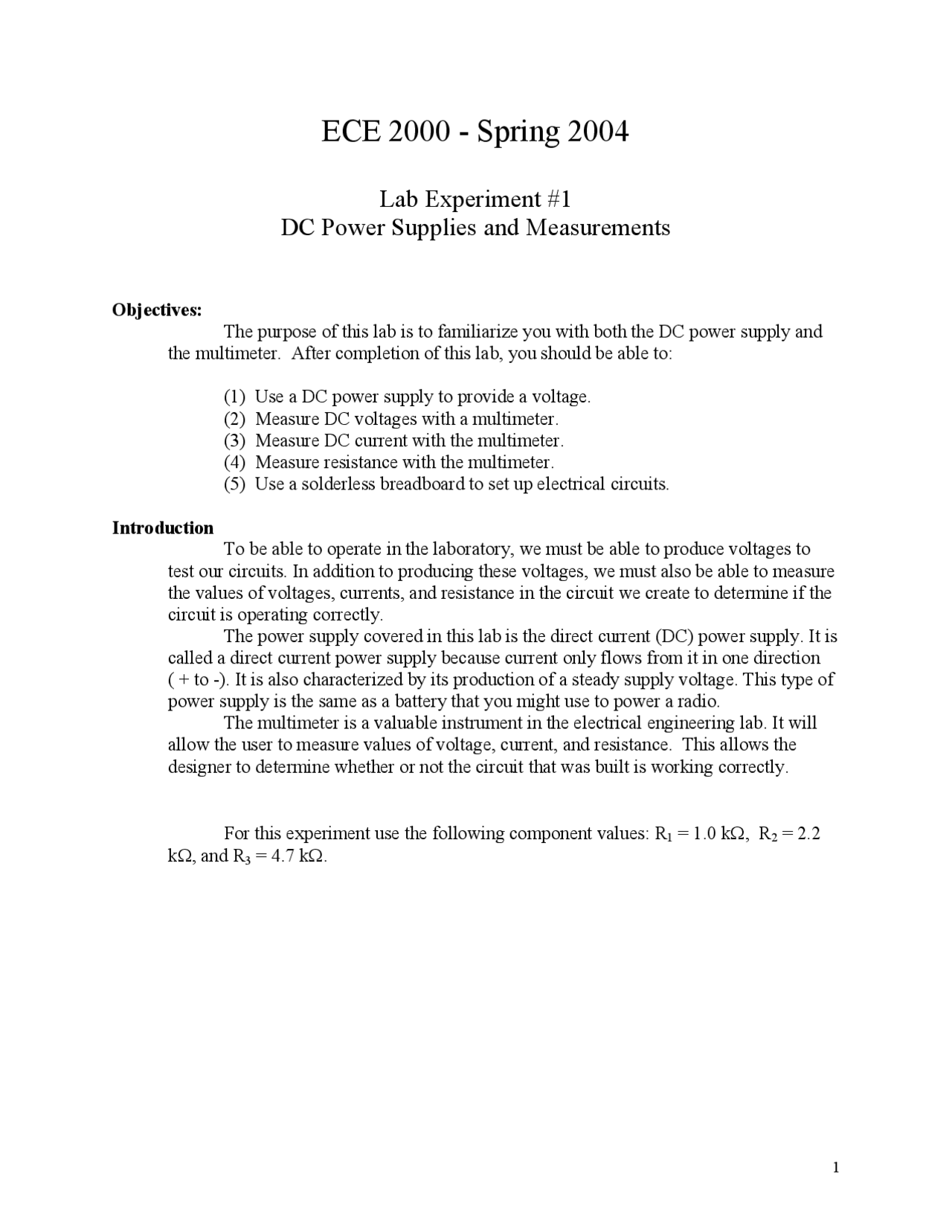 Lab Experiment 1 Dc Power Supplies And Measurements Ece 2000 Docsity