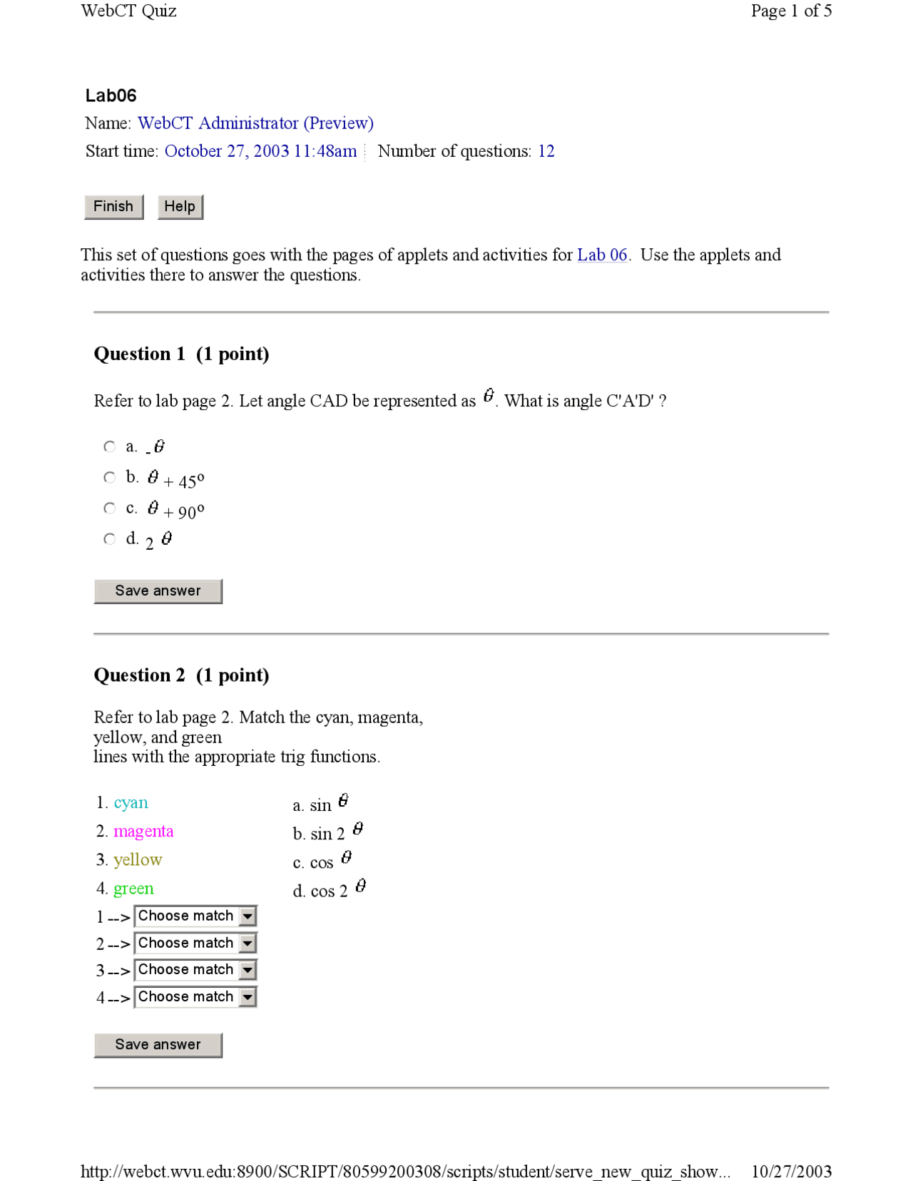 Practice Lab Quiz 6 Plane Trigonometry Math 128 Docsity