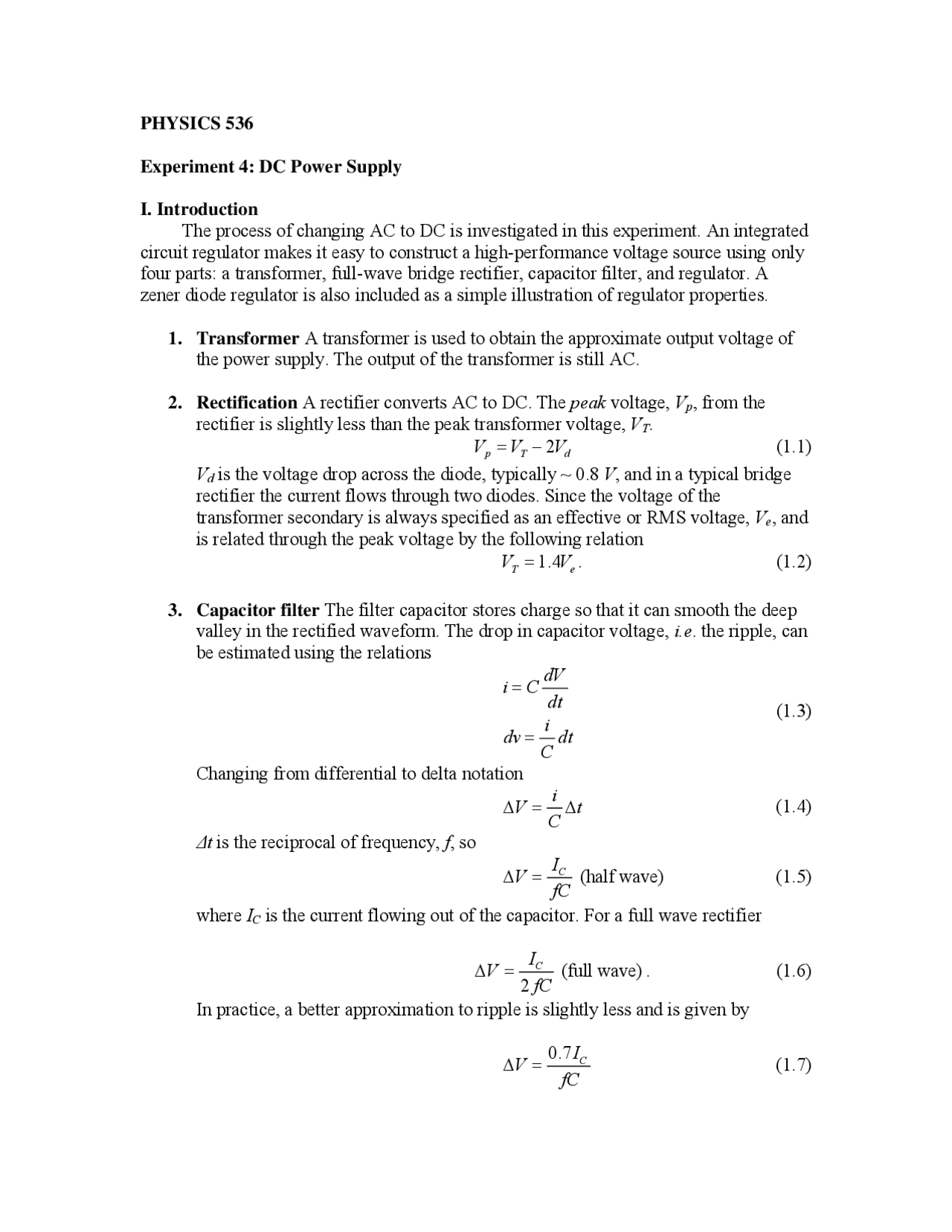 Dc Power Supply Experiment Lab 4 Phys 53600 Docsity