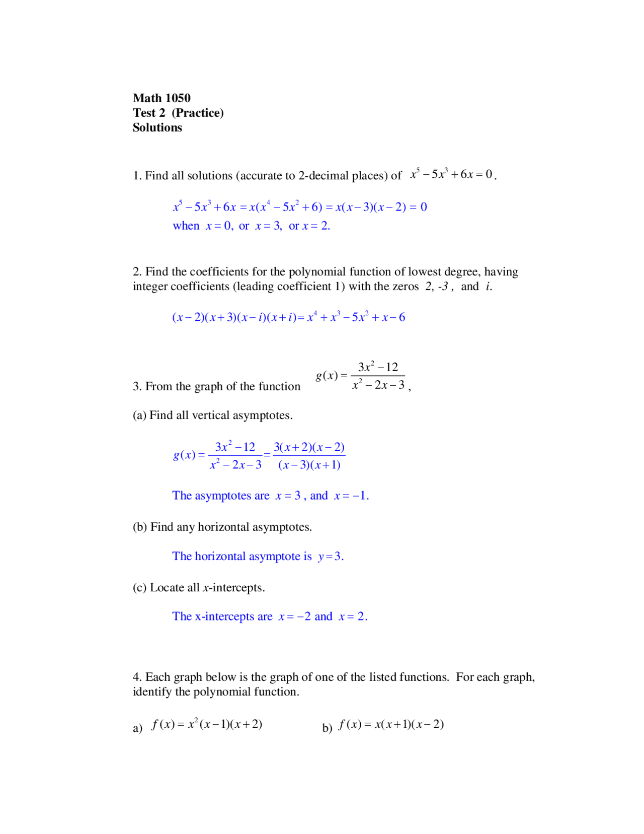 Practice Test Problems With Answers College Algebra Math 1050 Docsity