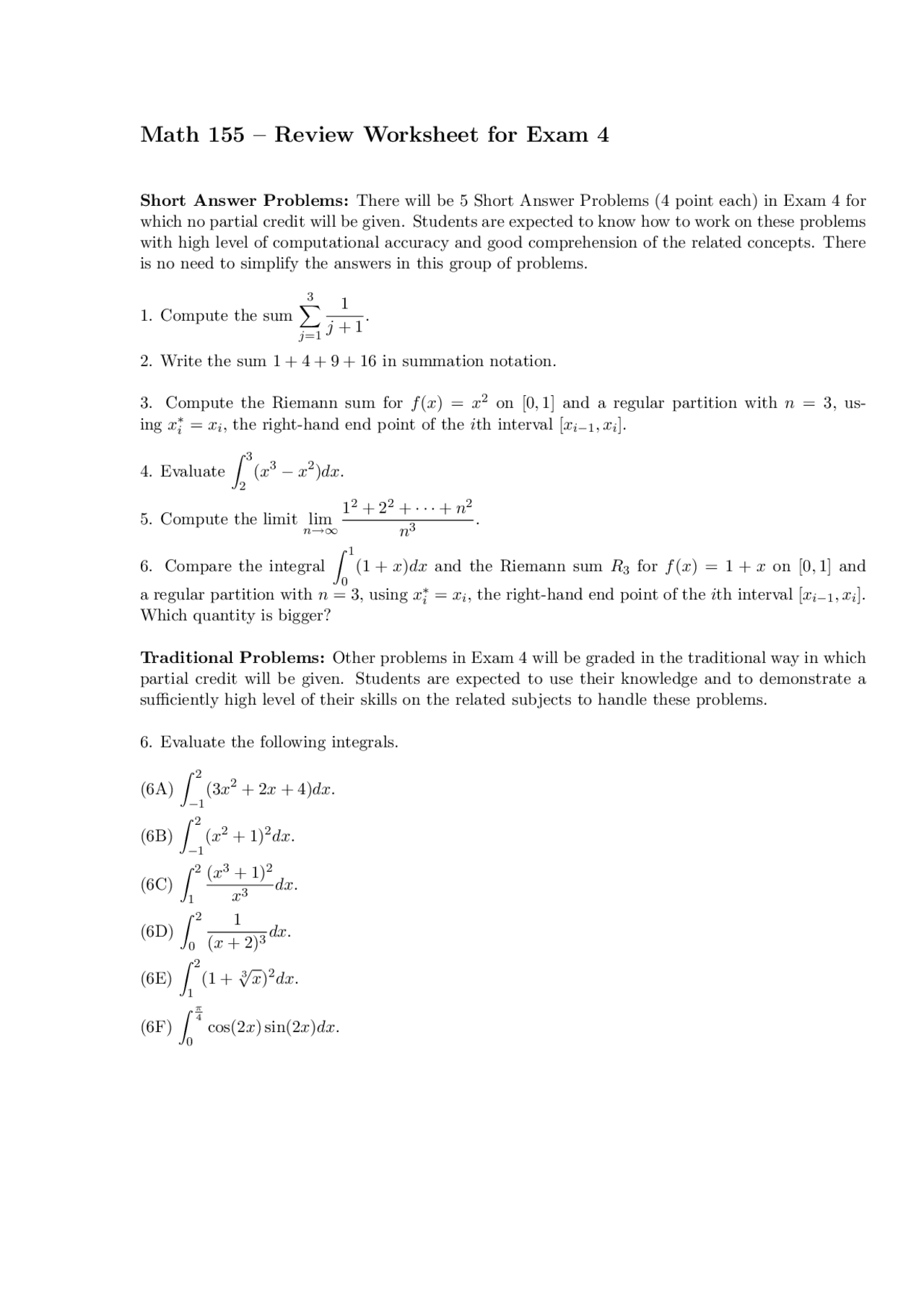 Review Worksheet For Exam 4 Calculus 1 Math 155 Docsity