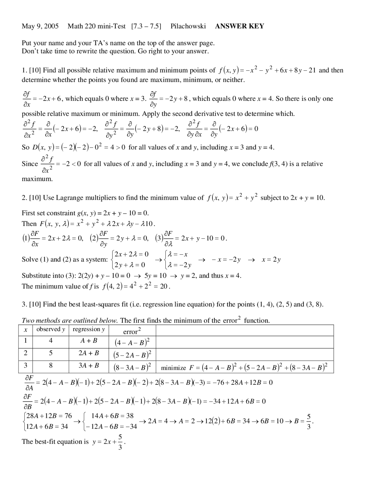 Mini Test With Answer Key Elementary Calculus I Math 220 Docsity