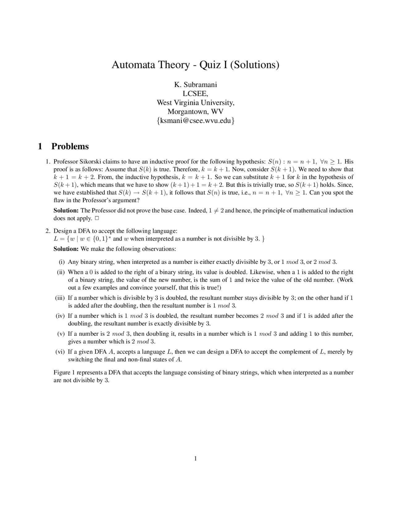 Quiz 1 Solutions For Automata Theory Cs 422 Docsity