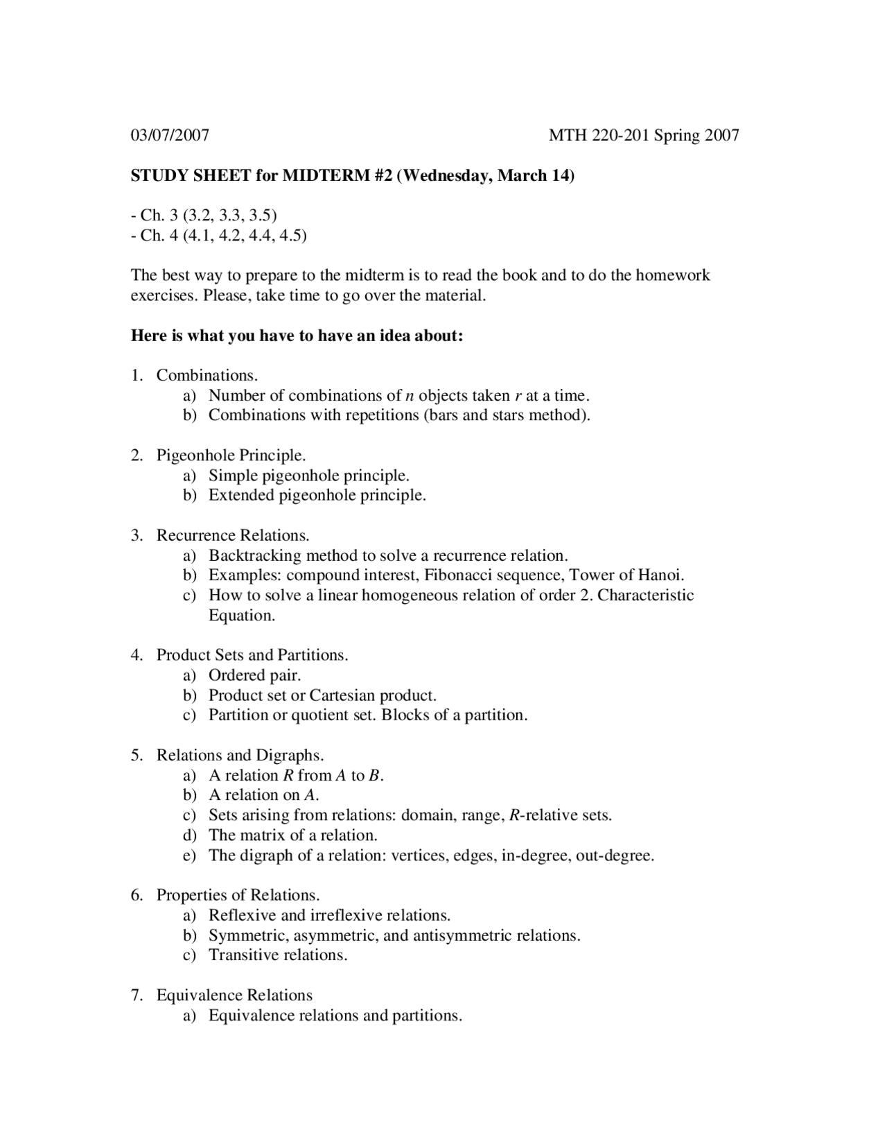 Study Sheet for Midterm Exam 2 - Discrete Structures | MTH 220 - Docsity