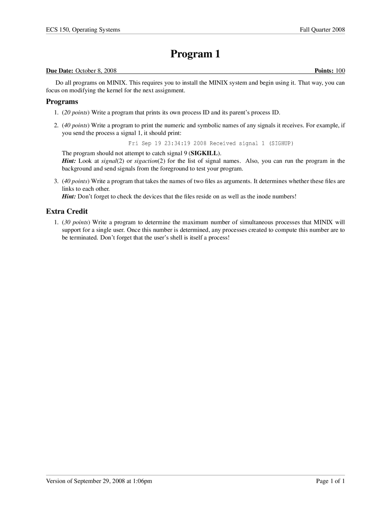 Operating Systems Assignment For Ecs 150 Fall Quarter 2008 Programming Exercises Assignments