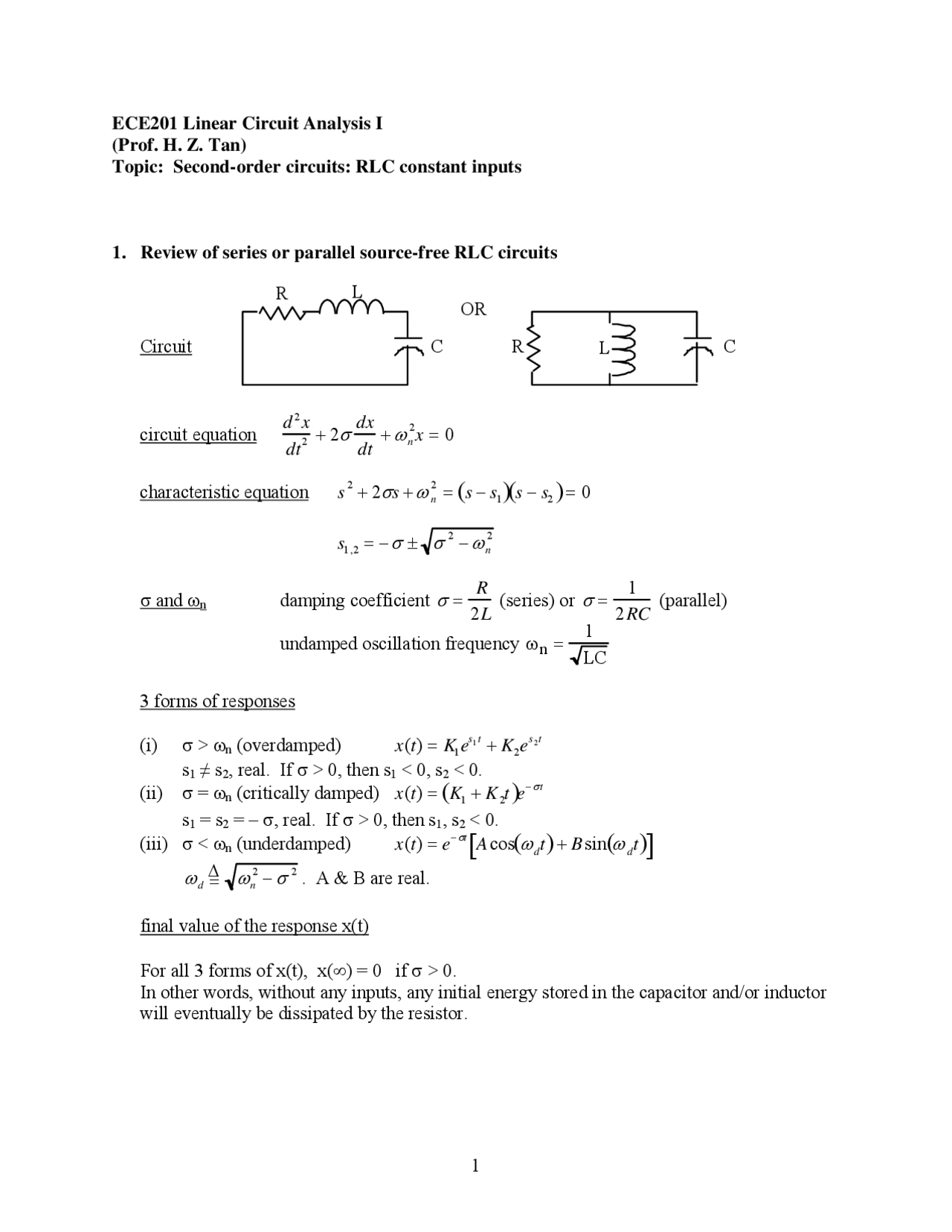 Review Sheet For Exam Linear Circuit Analysis I Ece 20100 Docsity