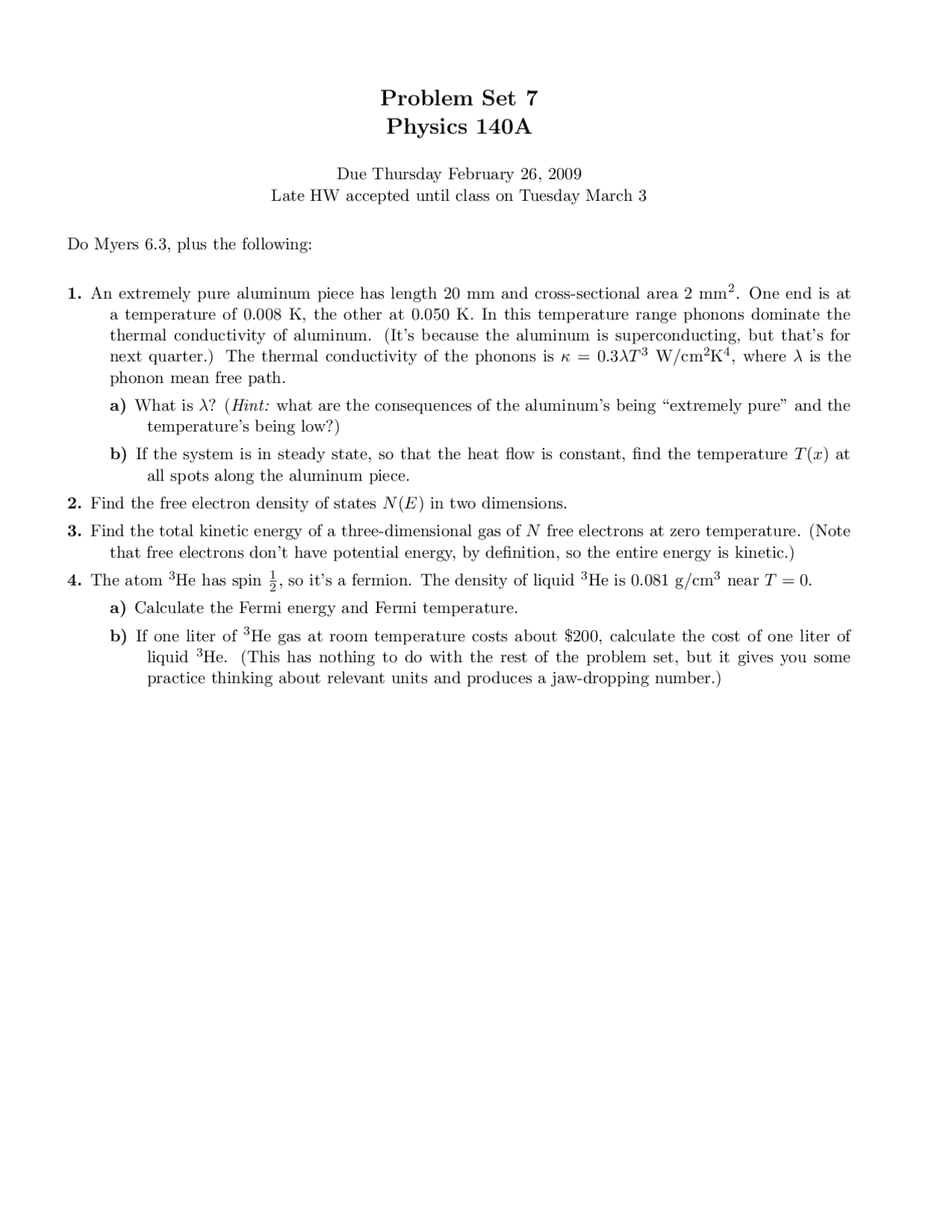Introduction To Solid State Physics Problem Set 7 Phy 140a Docsity