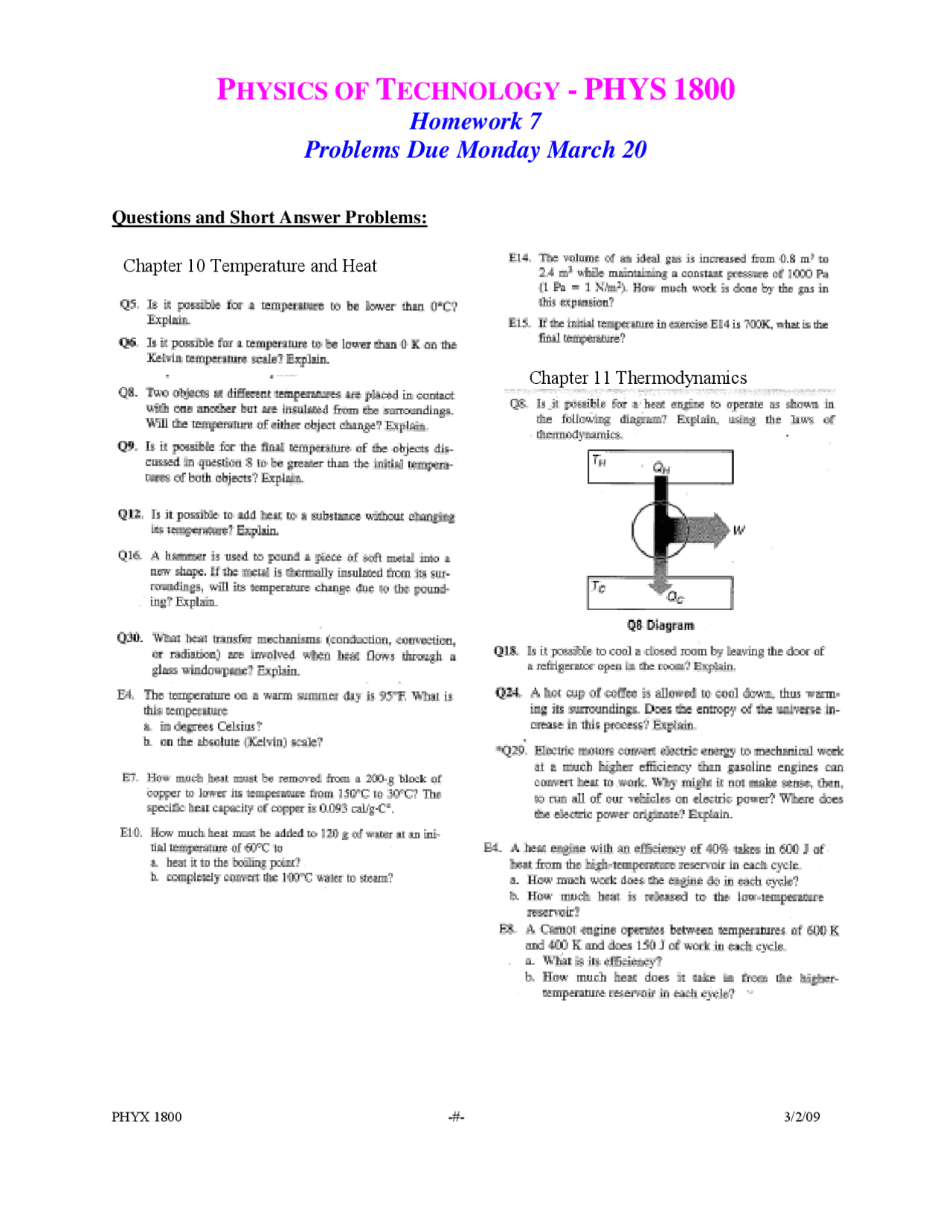 Physics Of Technology Homework 7 Problems Phys 1800 Docsity