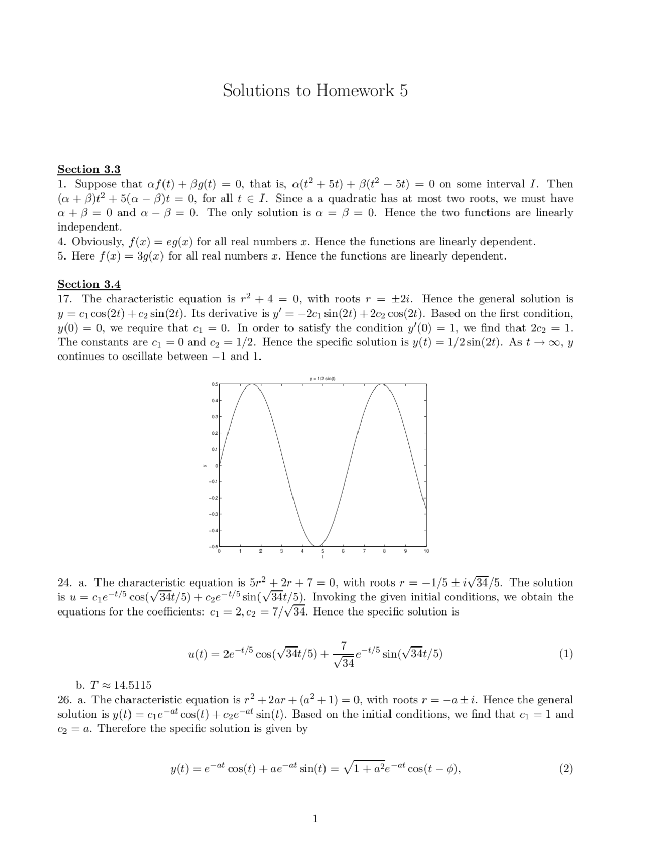Solutions to Homework 5 - Differential Equations | MAT 022B - Docsity