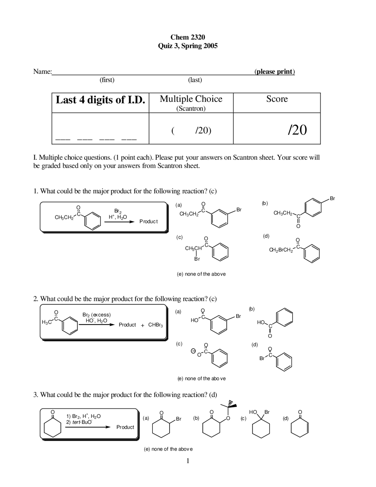 Practice Quiz 3 - Organic Chemistry II | CHEM 2320 - Docsity