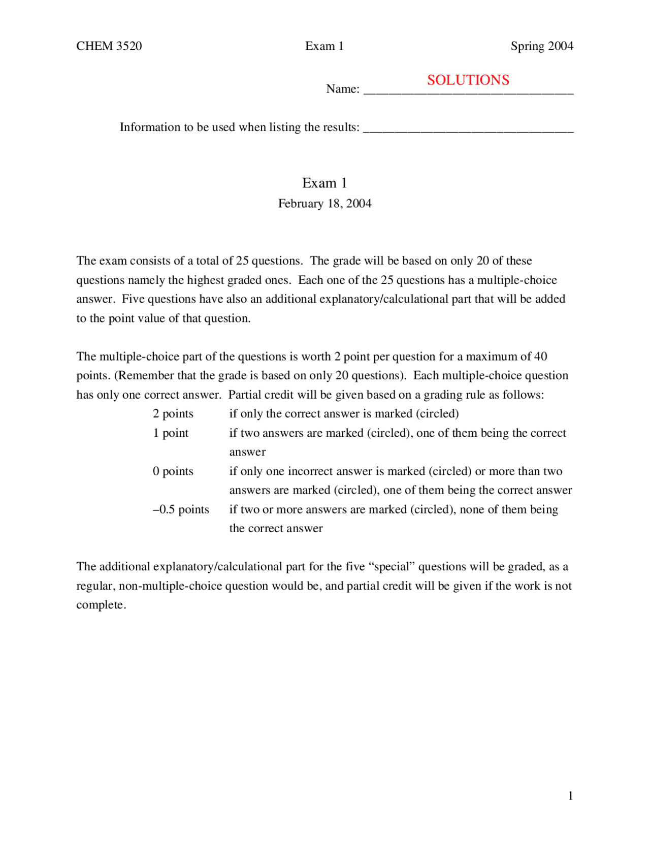 25 Questions With Answer Exam 1 Physical Chemistry Chem 3520