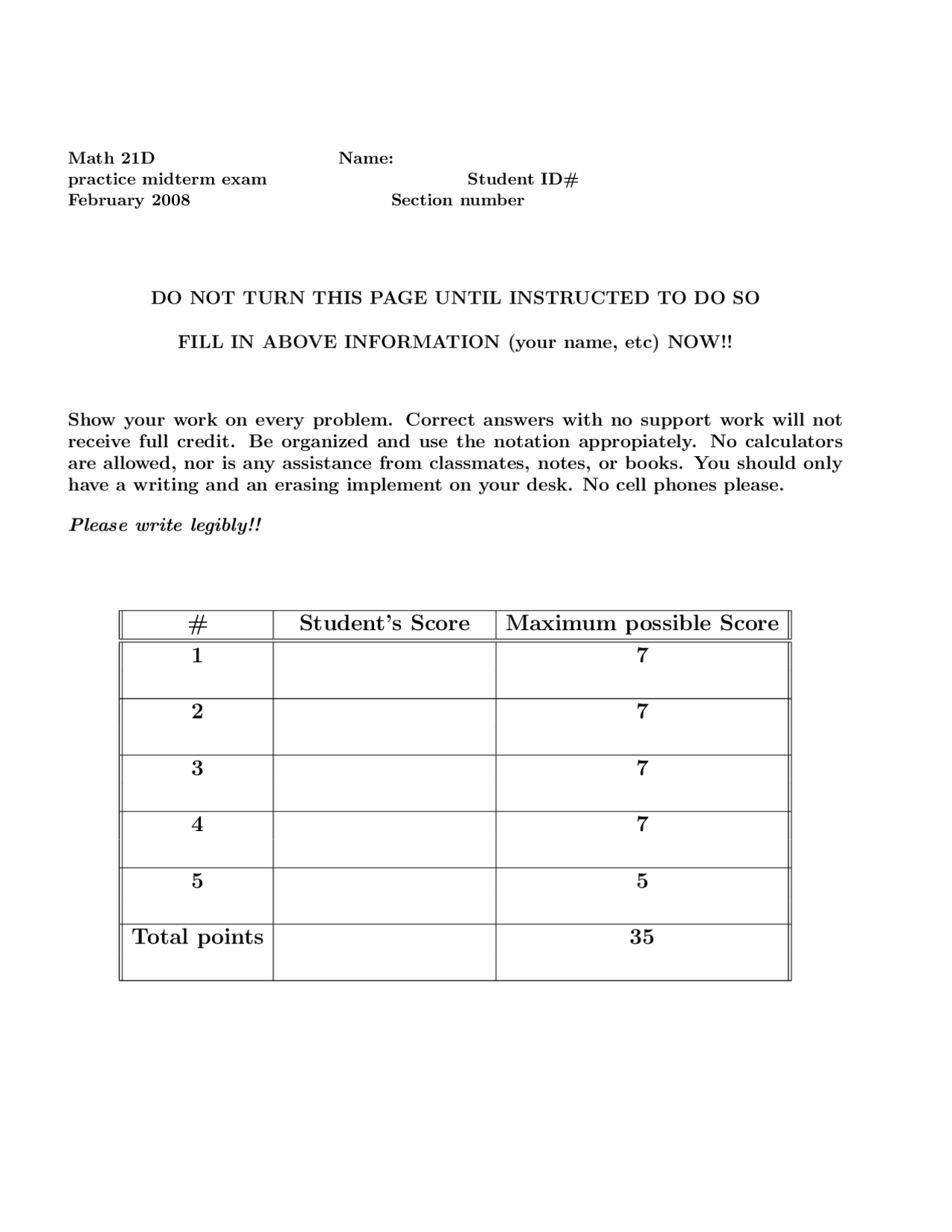 Practice Midterm Exam On Vector Analysis 5 Problems Mat 021d Docsity