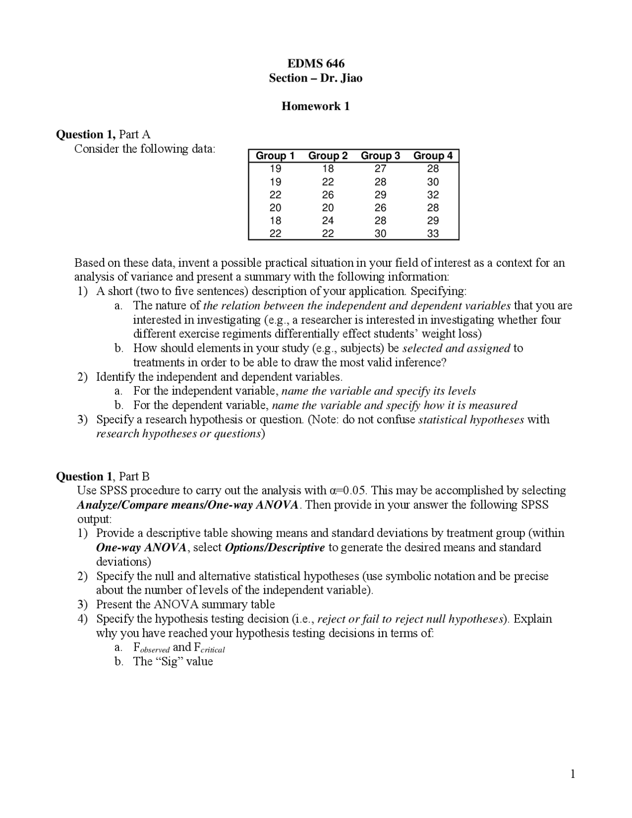 Homework 1 Quantitative Research Methods Ii Edms 646 Docsity