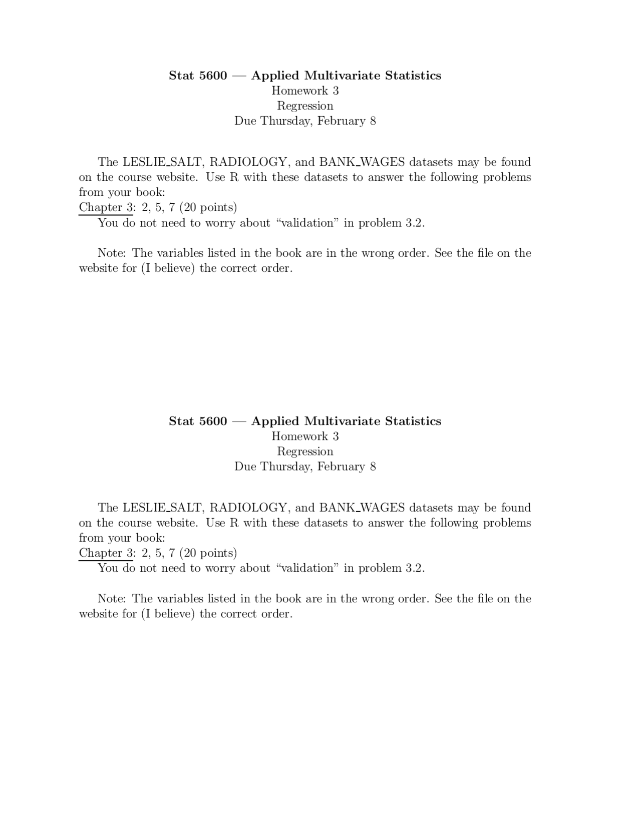 Homework 3 Sample Questions Applied Multivariate Statistics Stat