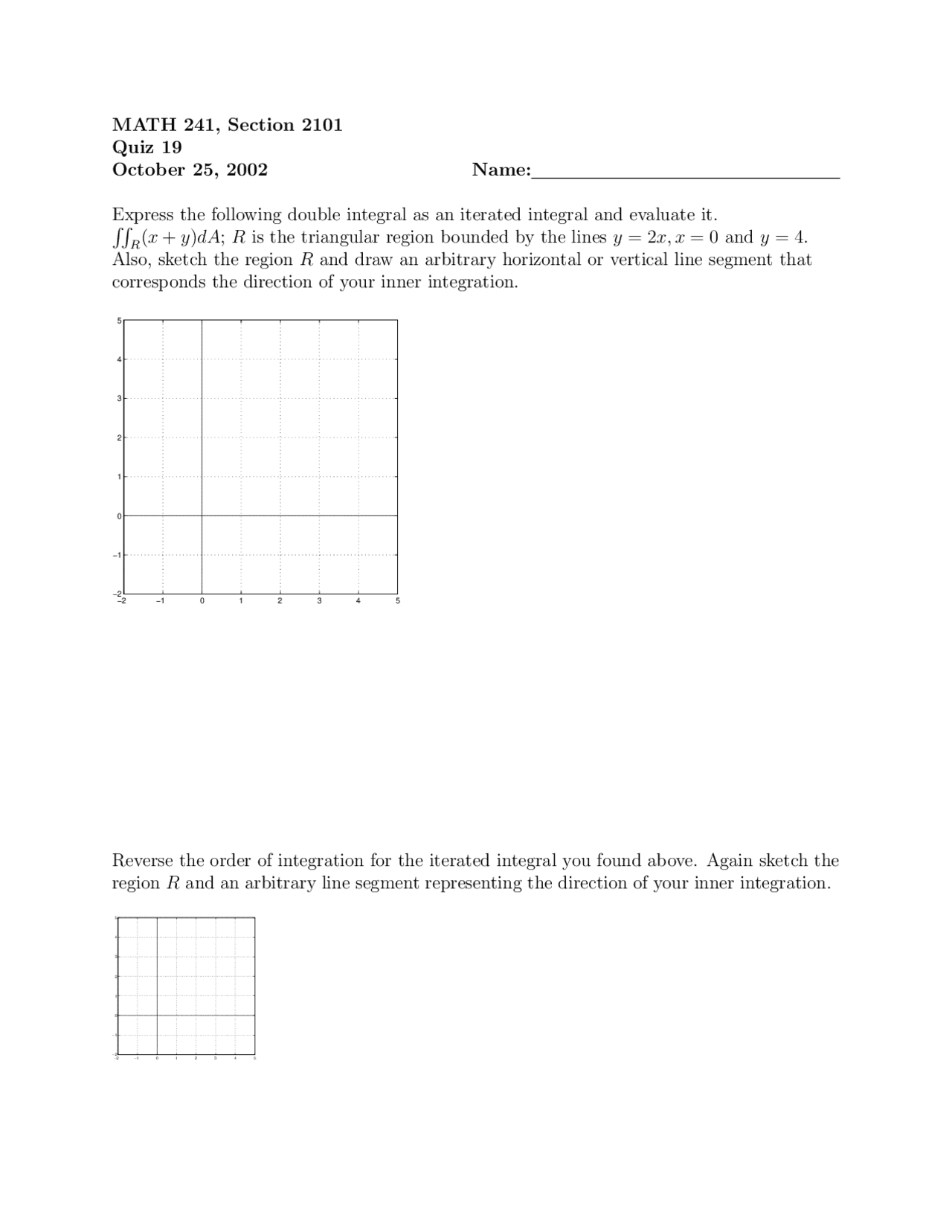 Problem On Calculus Iii Quiz 10 Fall 2002 Math 241 Docsity