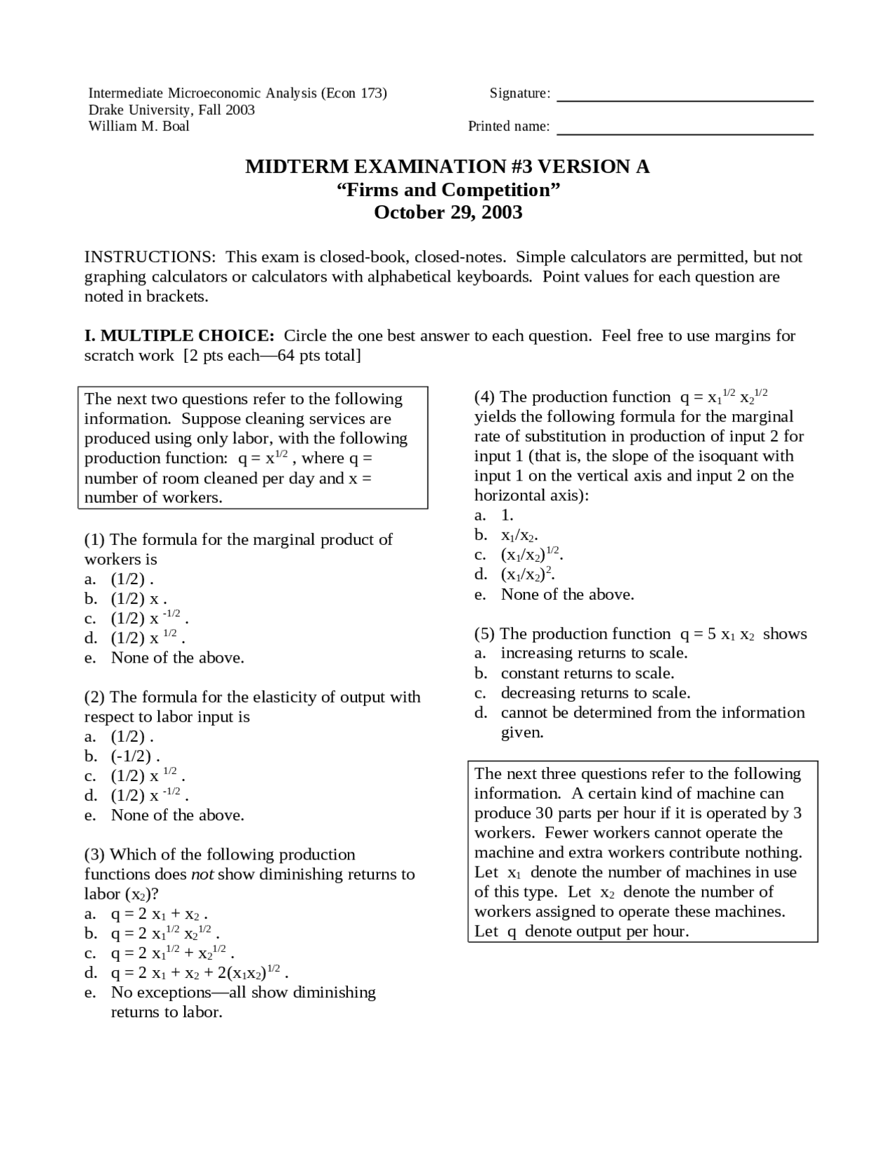Midterm Exam 3 - Intermediate Microeconomic Analysis - Fall 2003 | ECON 173 | Exams ...