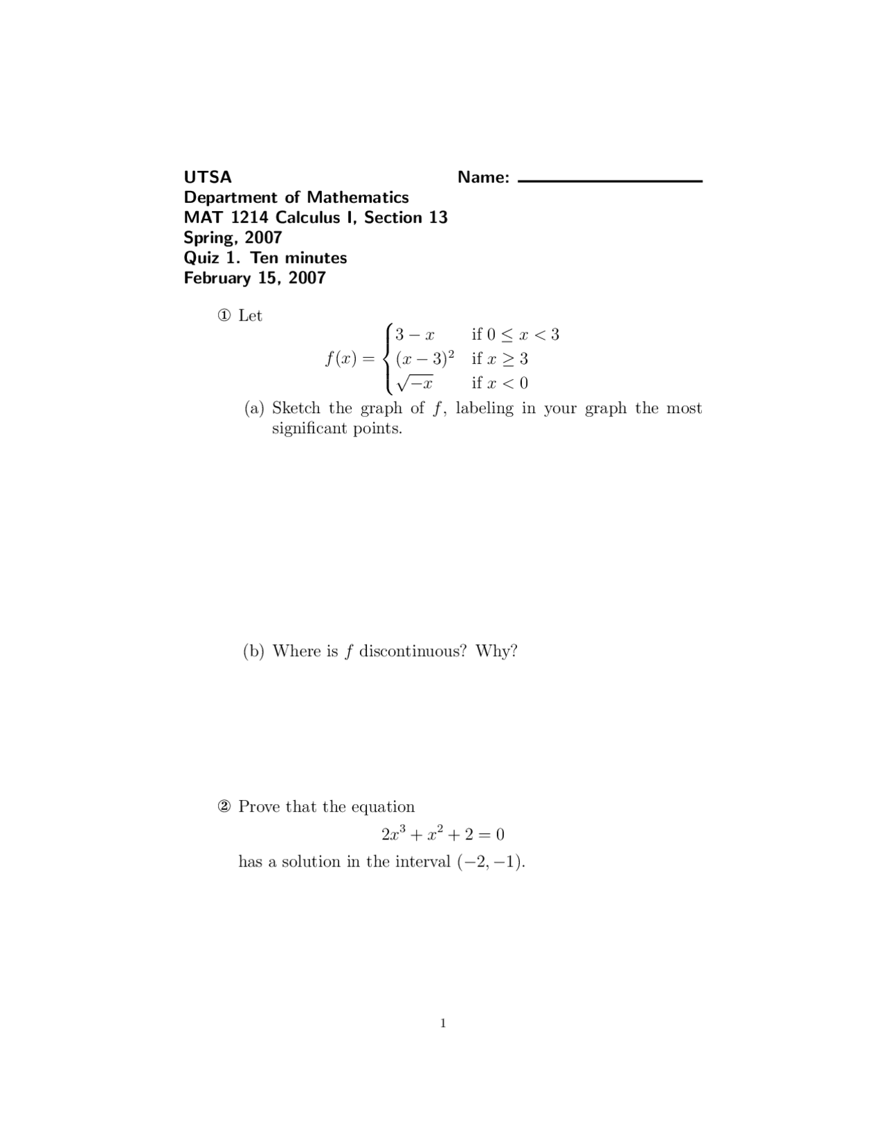 Sample Quiz Questions - Calculus I | MAT 1214 - Docsity