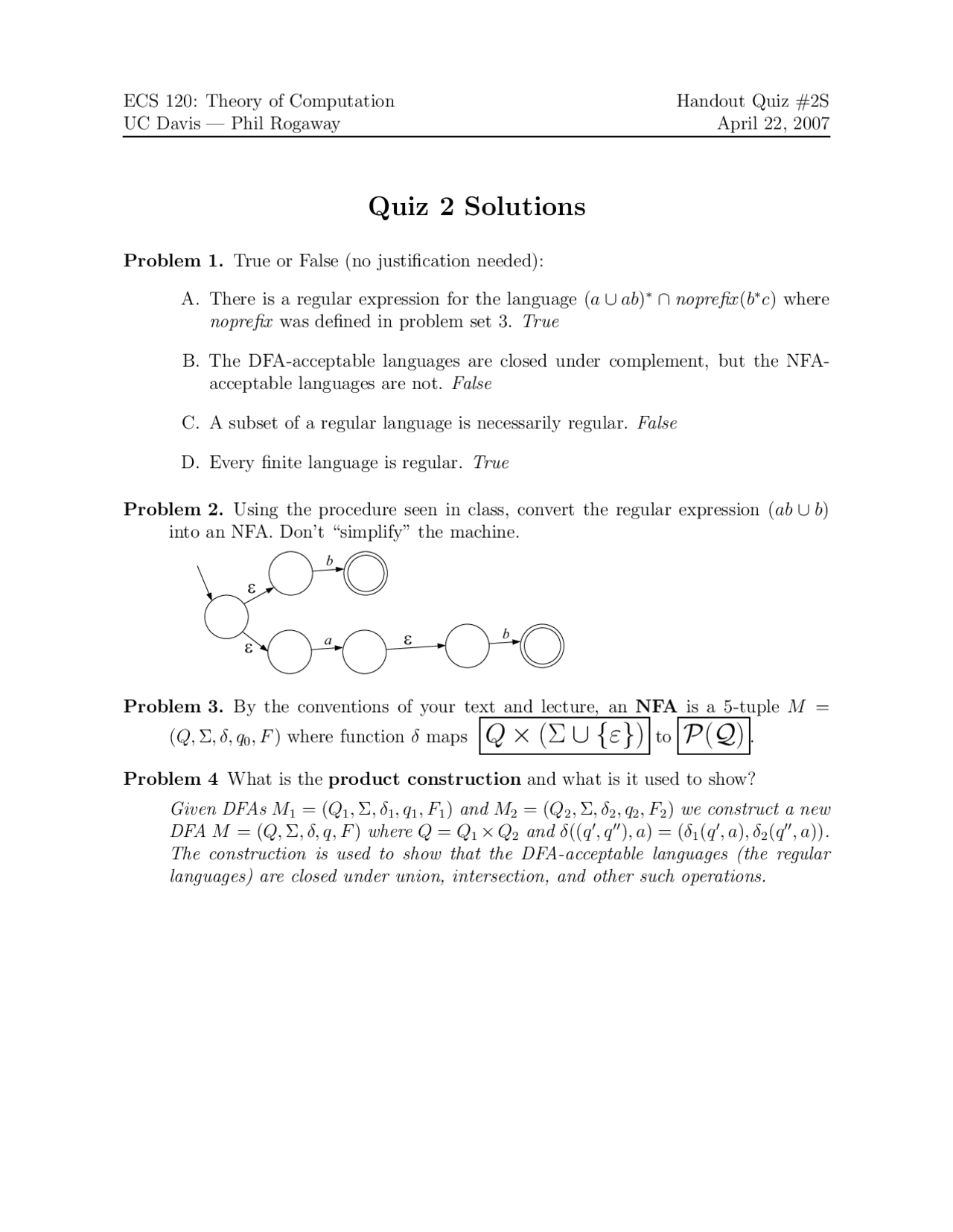 Quiz 2 Solutions Introduction To Theory Computation 2007 Ecs 120 6619