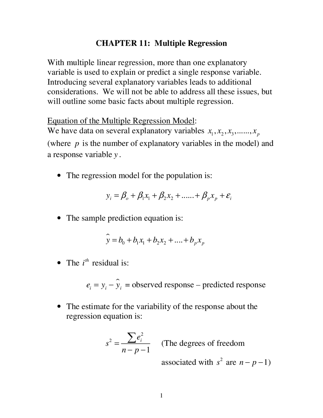 Multiple Regression of Elementary Statistical Methods - Outline | STAT 30100 - Docsity