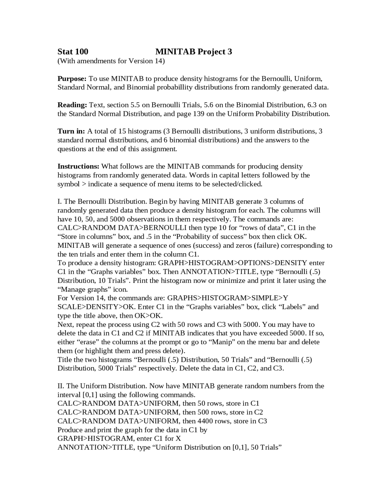Elementary Statistics and Probability - Project 3 | STAT 100 - Docsity