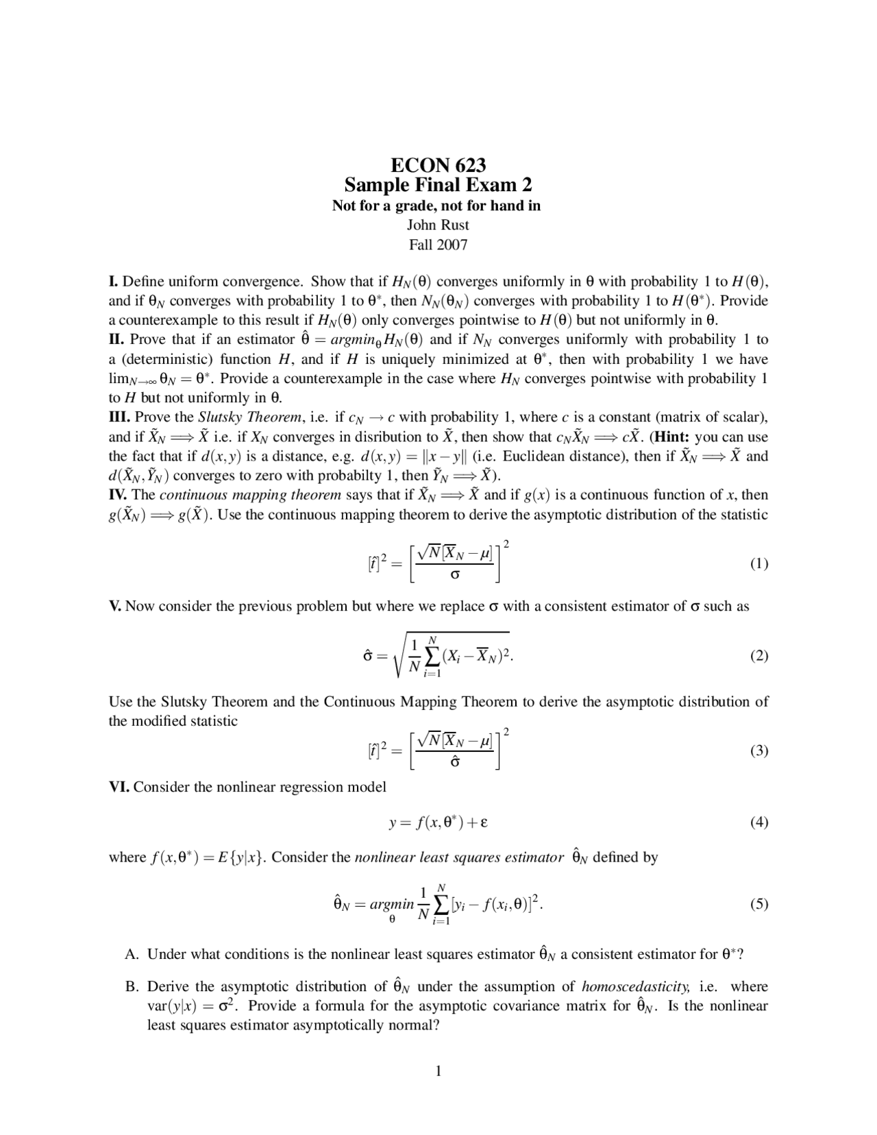 Sample Final Exam 2 - Econometrics I - Fall 2007 | ECON 623 - Docsity