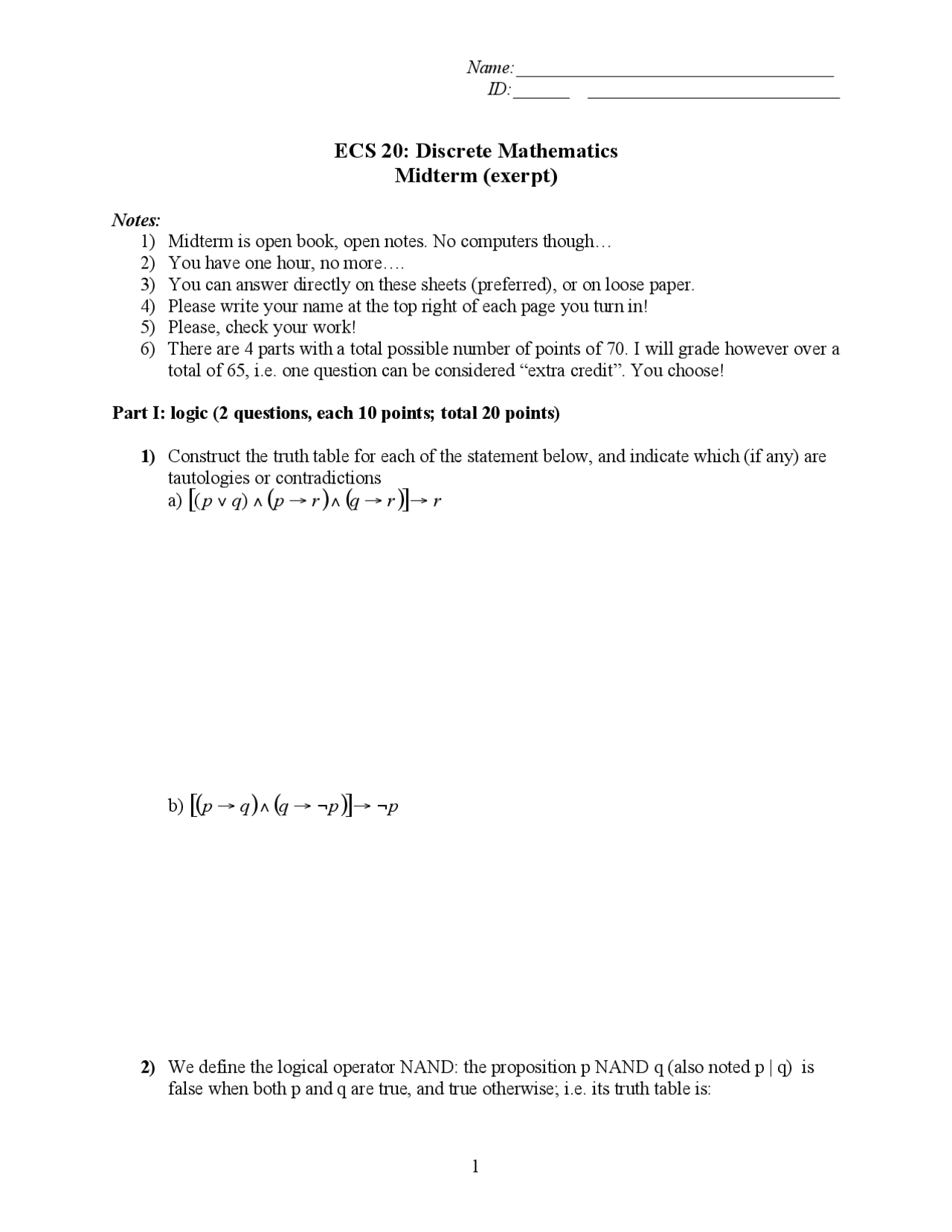 Solved Questions On Logical Operator Of Truth Table Midterm Exam Ecs 020 Docsity