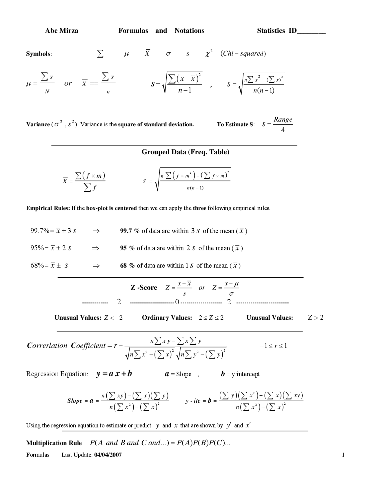 Formulas And Notations On Elementary Statistics Math 0013 Docsity