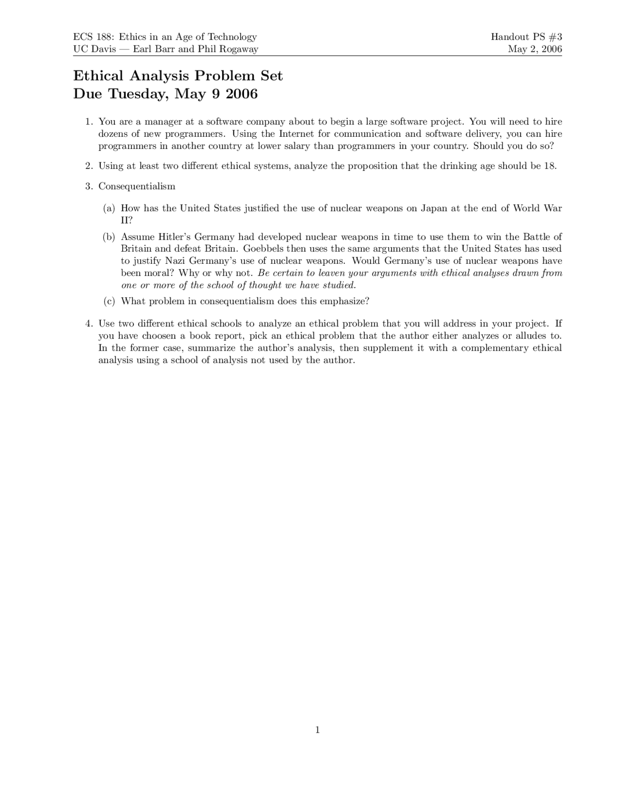 4 Problems In Ethical Analysis Assignment 3 Ecs 188 Docsity 
