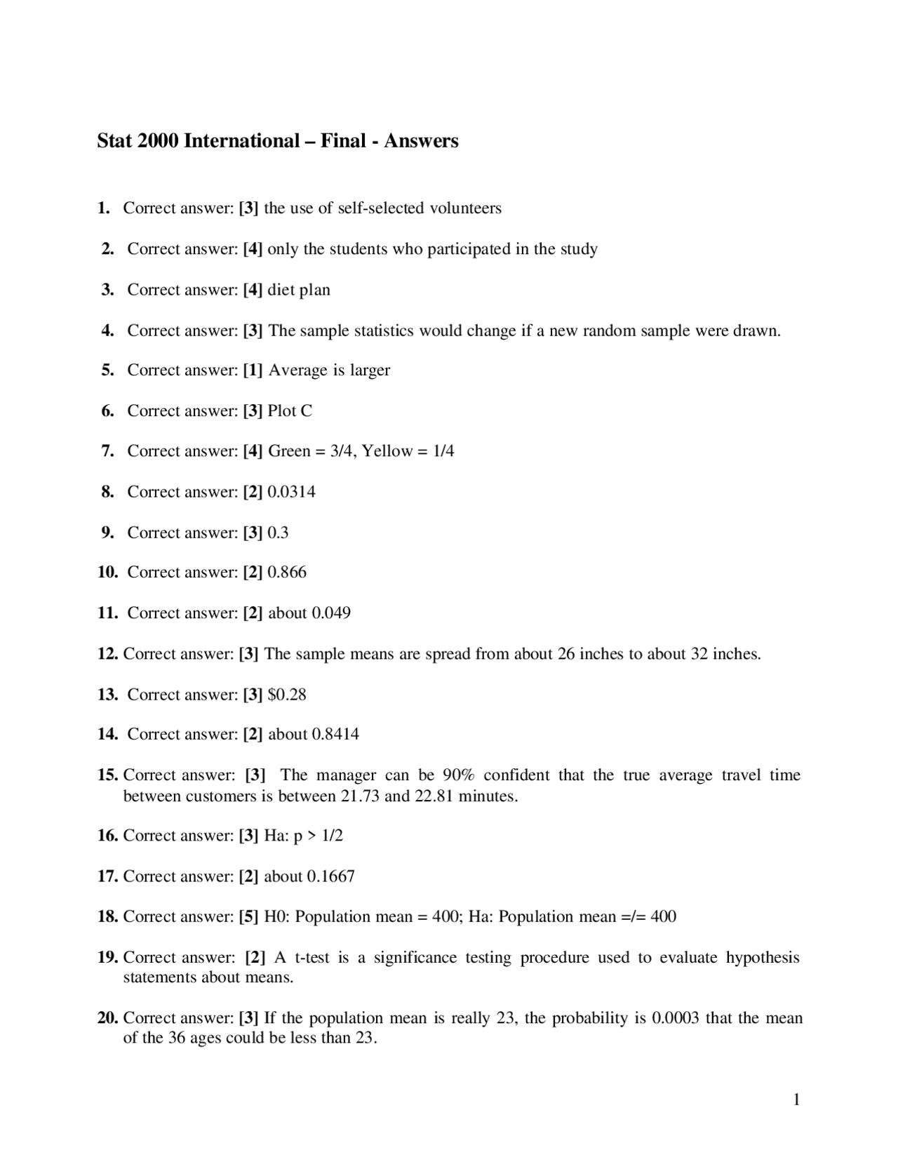 Final Exam With Solutions Statistical Methods Stat 2000 Docsity