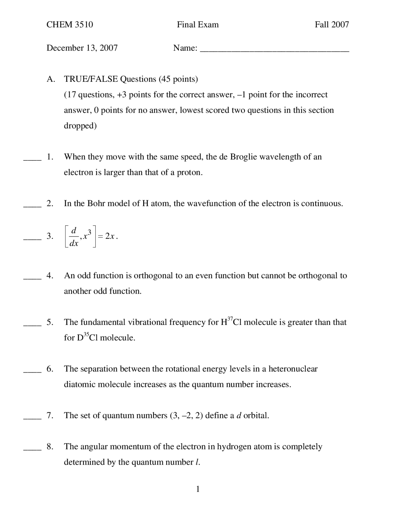 36 Questions for Final Exam - Physical Chemistry | CHEM 3510 - Docsity