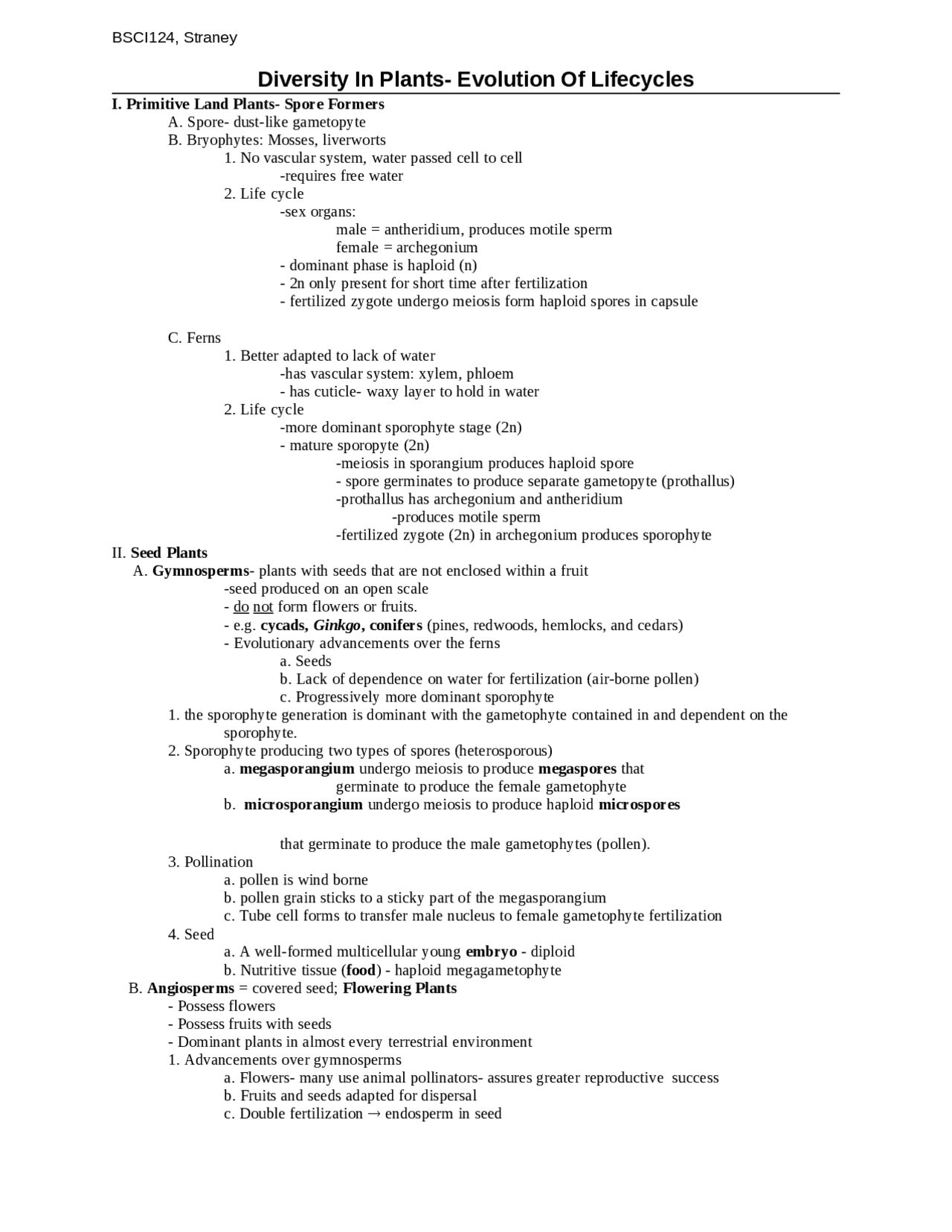 Diversity In Plants Evolution Of Life Cycles Notes Bsci 124 Docsity