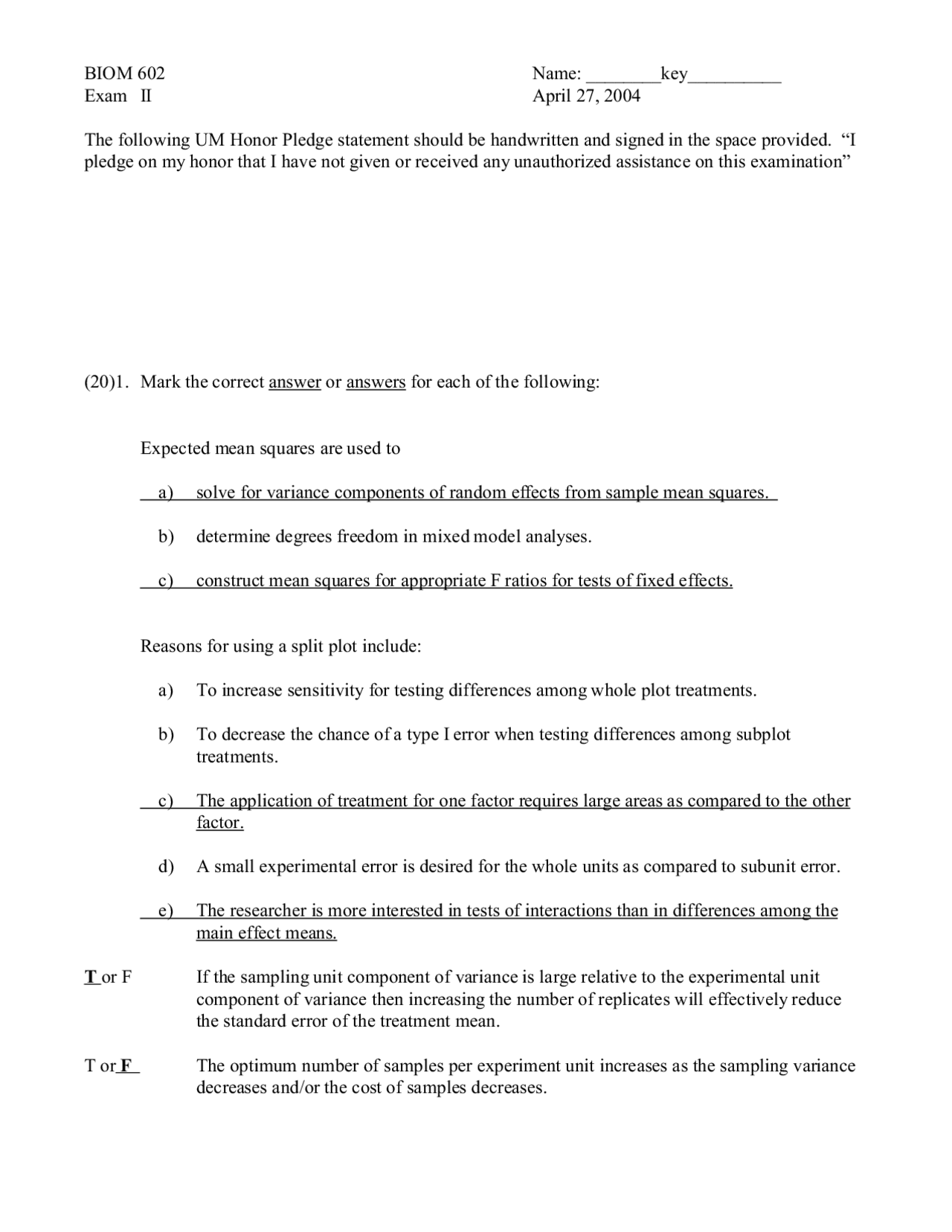 8 Solved Problems On Biostatistics Ii Examination 20 Biom 602 Docsity