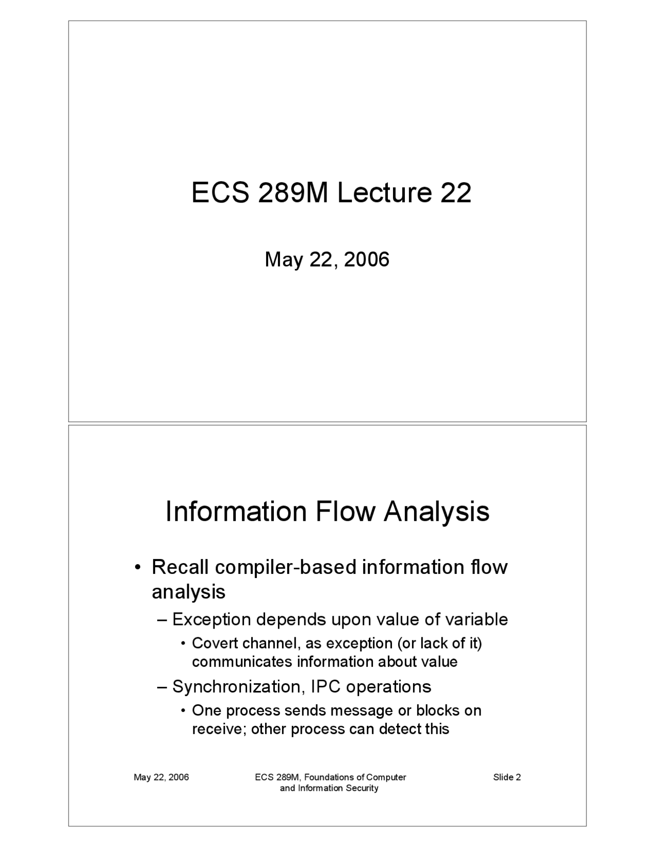 Information Flow Analysis Lecture Slides Ecs 289m Docsity