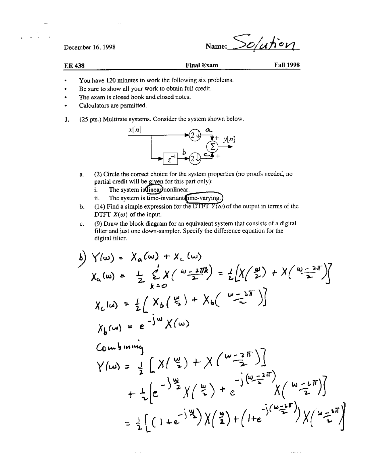 Final Exam With Solution Digital Signal Processing With Applications Ece 43800 Docsity