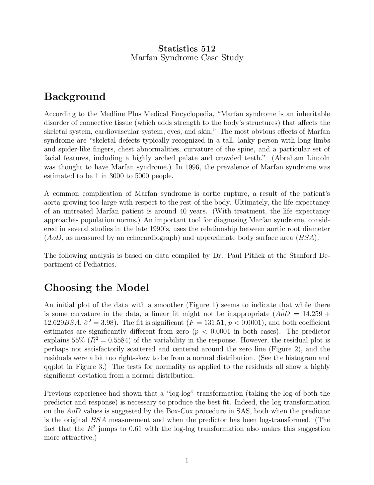 Marfan Syndrome Case Study - Applied Regression Analysis | STAT 51200 - Docsity