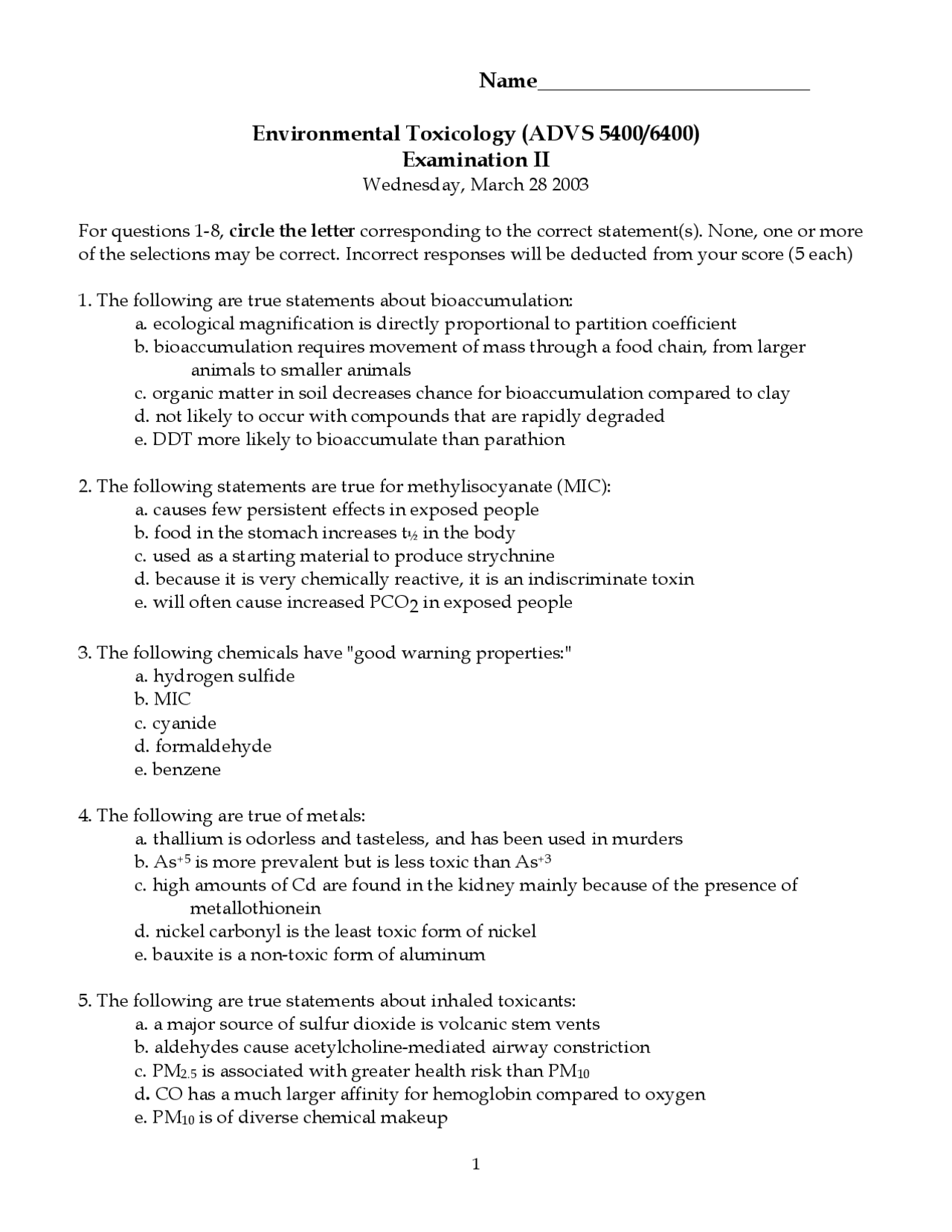 Environment Toxicology Final Exam Advs 5400 Docsity