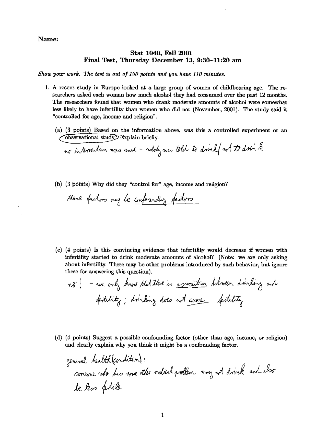 Final Test Solutions Introduction To Statistics Fall 2001 Stat