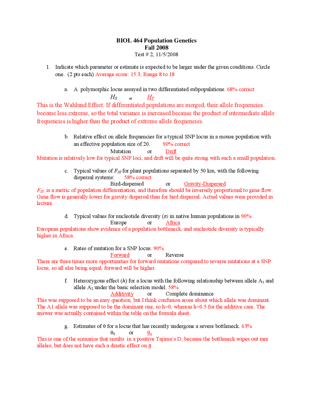 Test 2 With Solution Quantitative Genetics Fall 2008 Biol 464