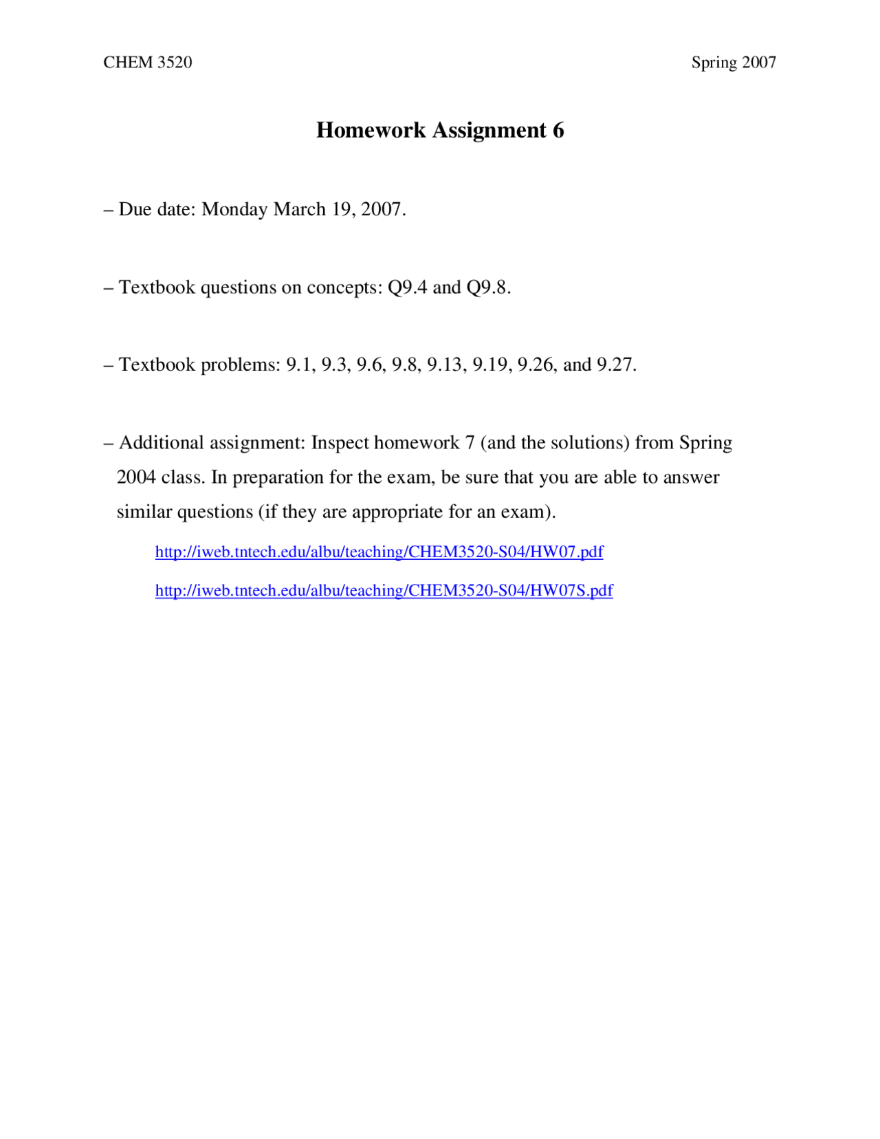 Assignment 6 Physical Chemistry Spring 2007 Chem 3520 Docsity
