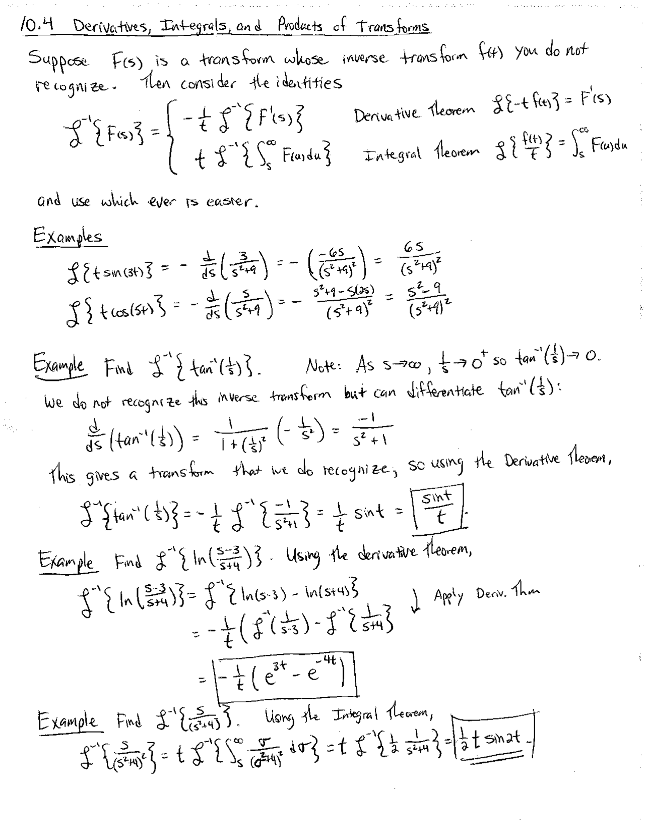 Handwritten Notes On Derivatives Integrals And Products Of Transform