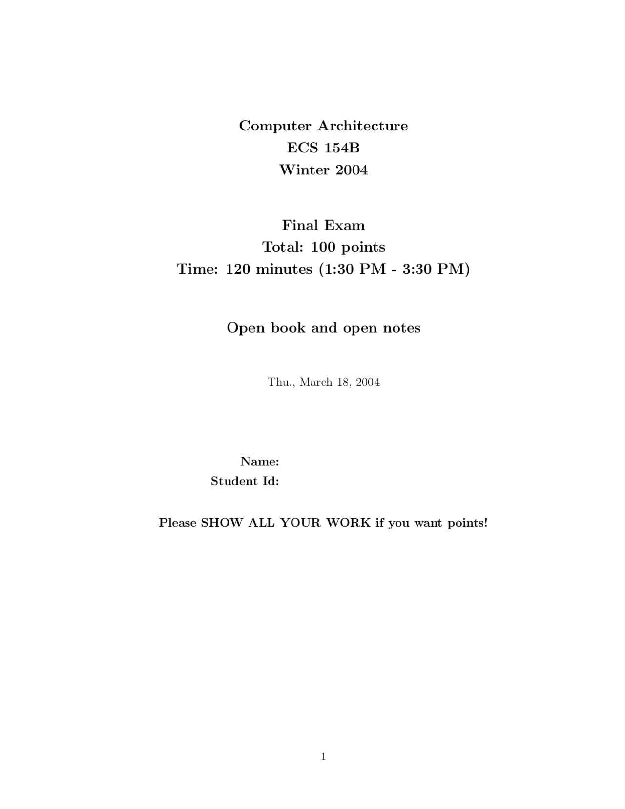 Final Exam For Computer Architecture Fall 2004 Ecs 154b Docsity