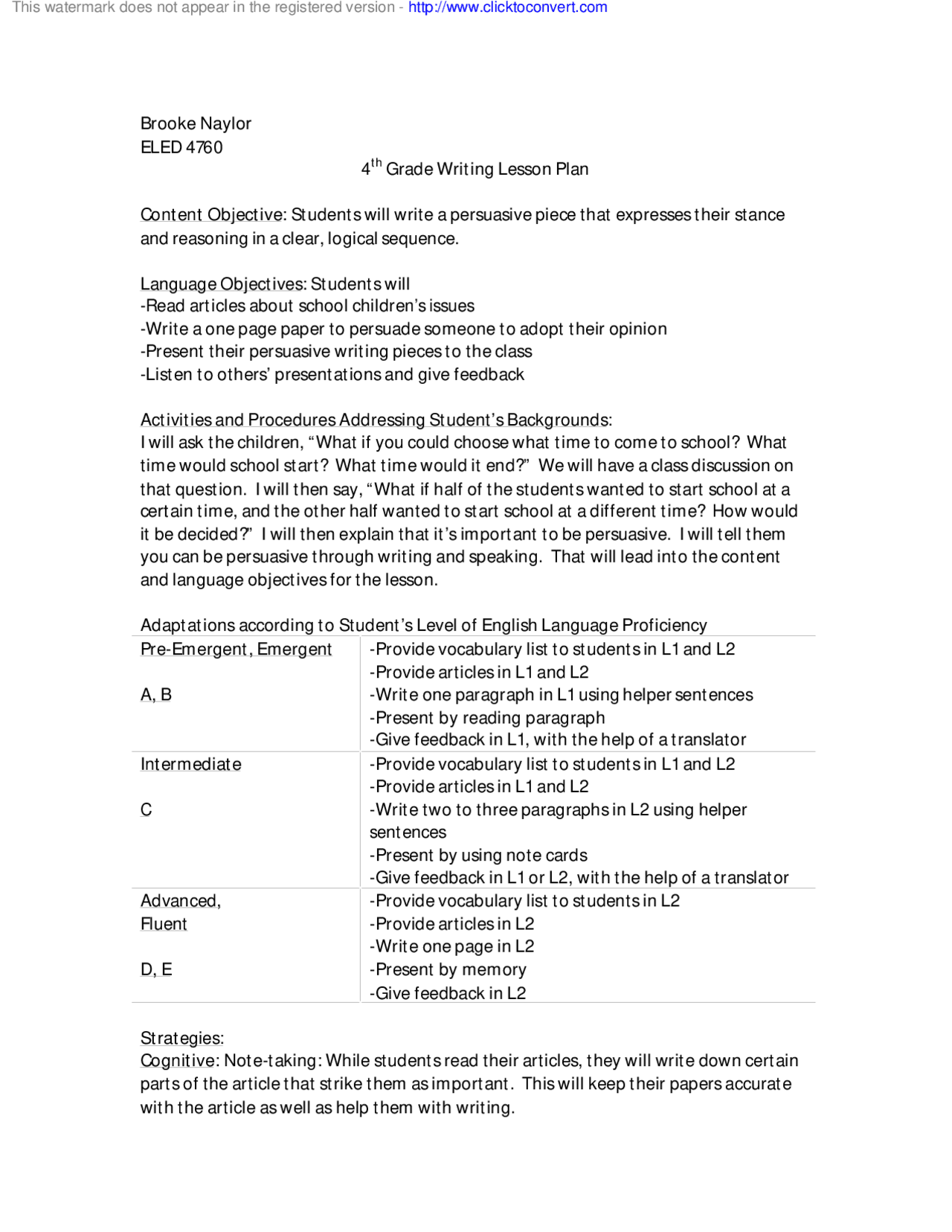 Notes on 4th Grade Writing Lesson Plan | ELED 4760 | Papers School ...